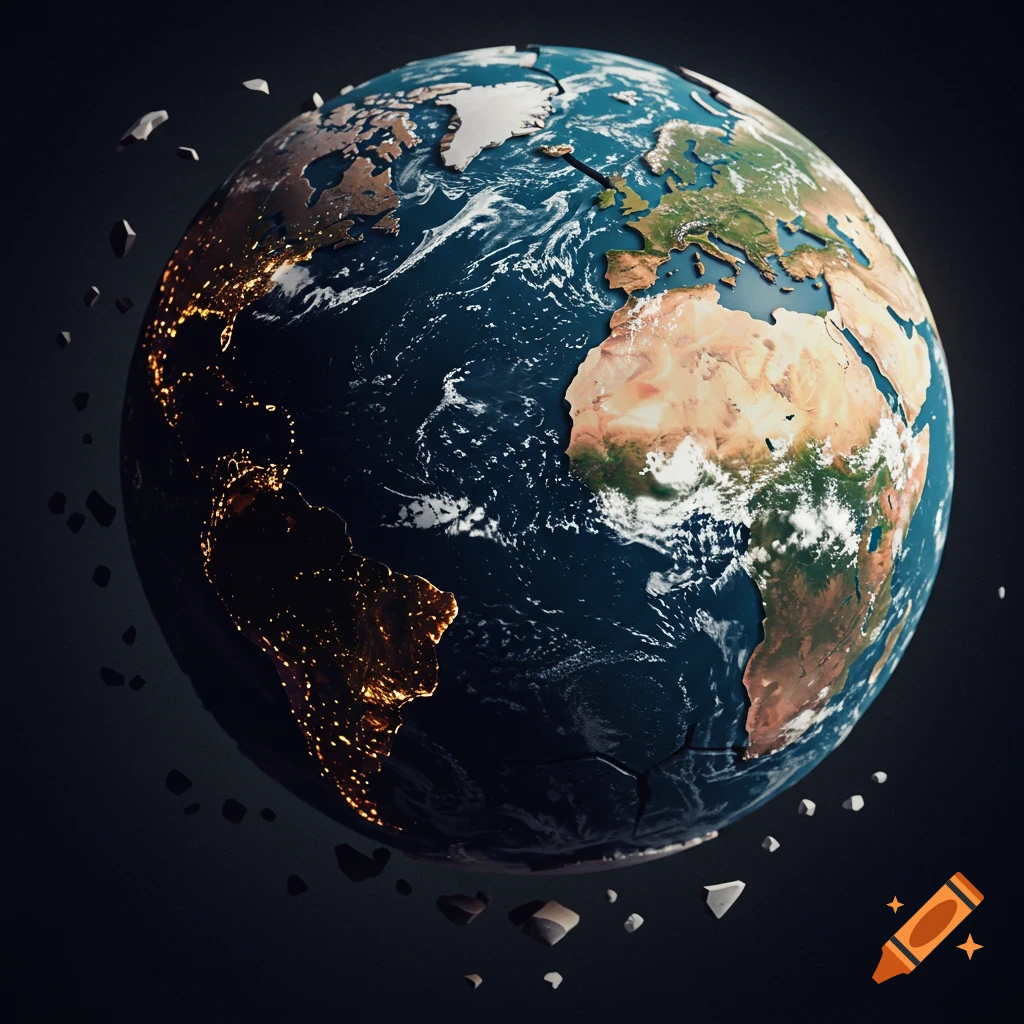 Fragmented globe of Earth seen from space with city lights and debris ...