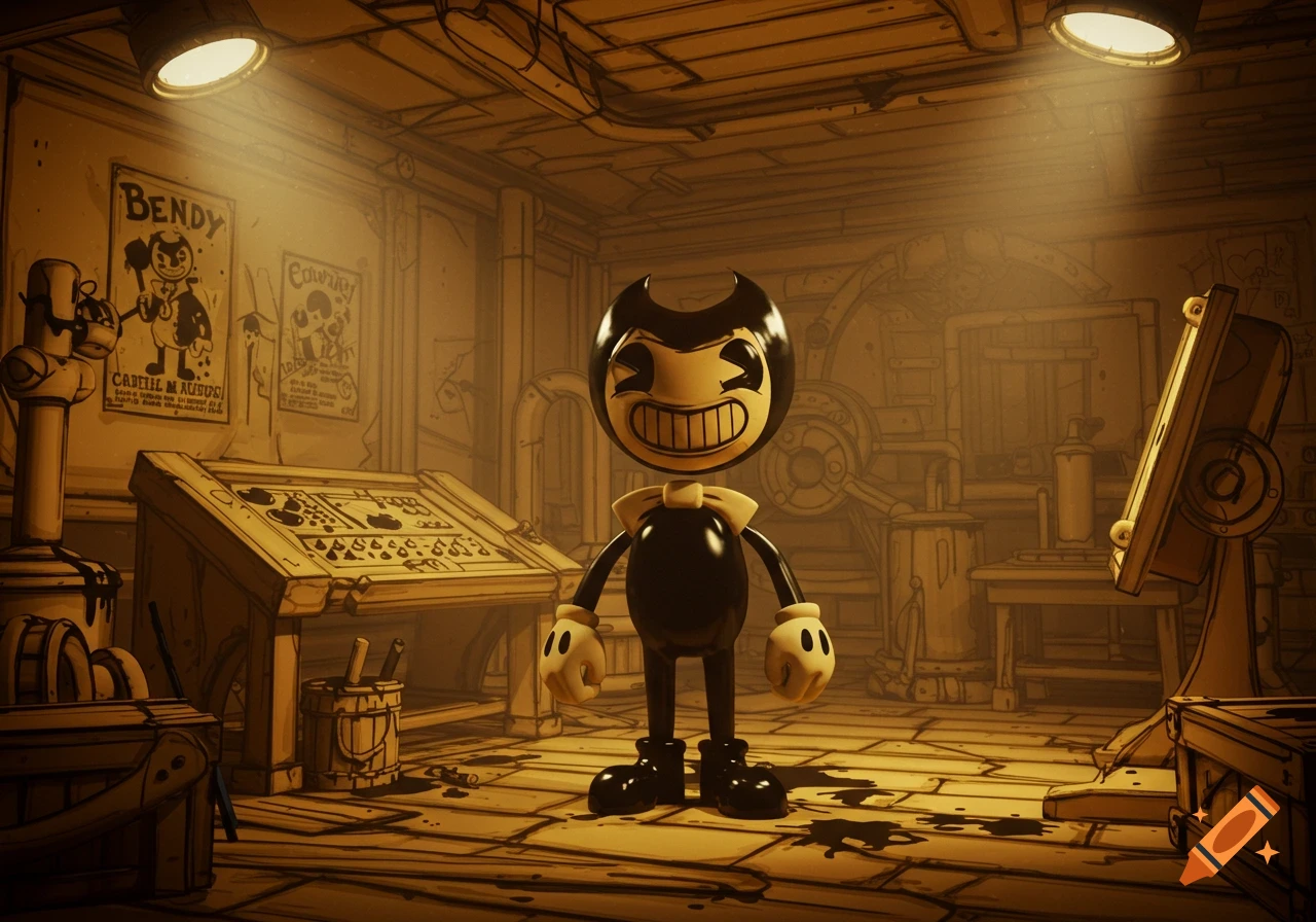 The character Bendy stands in an old-fashioned animation studio with ...