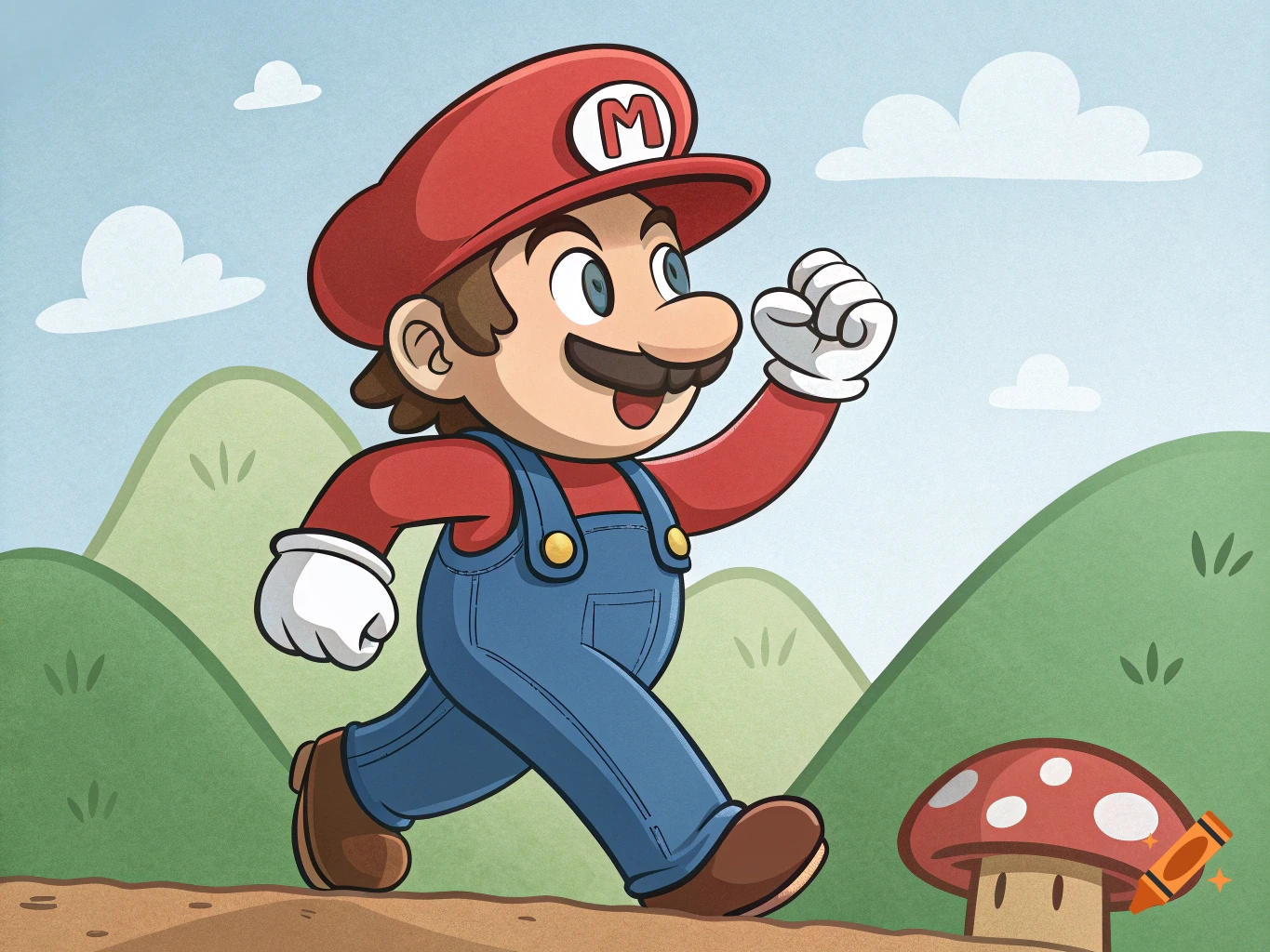 Cartoon illustration of Mario walking in a landscape with hills and a ...