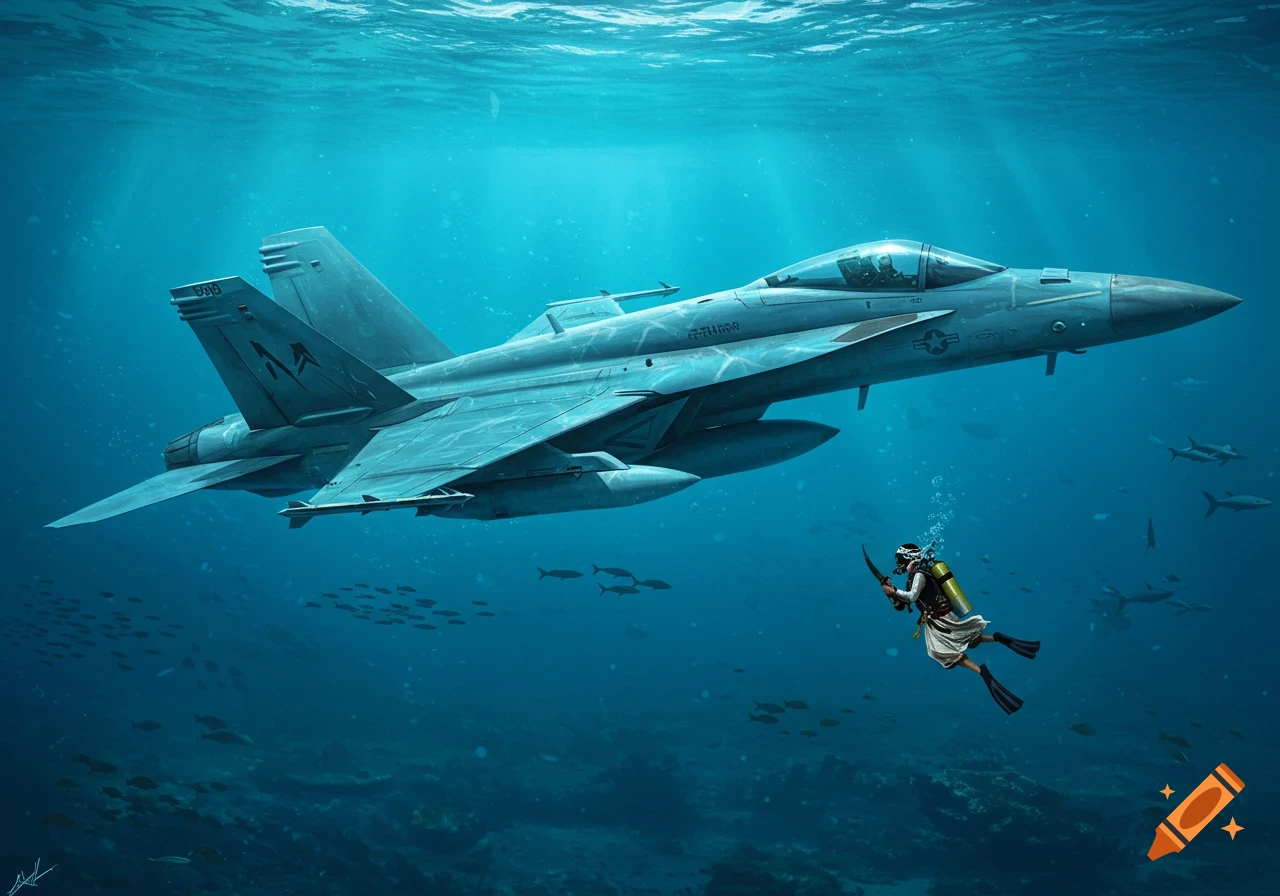 Photorealistic F-18 fighter jet submerged underwater with a diver ...