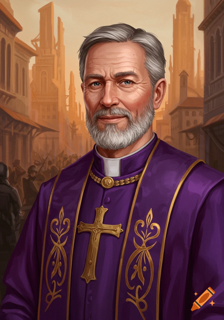 Portrait of a middle-aged man in purple clerical robes and gold cross ...