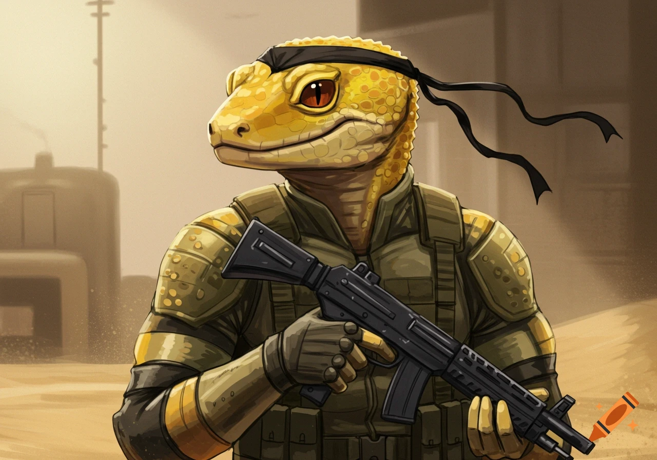 Tactical yellow gecko character wearing a headband and gear, holding a ...