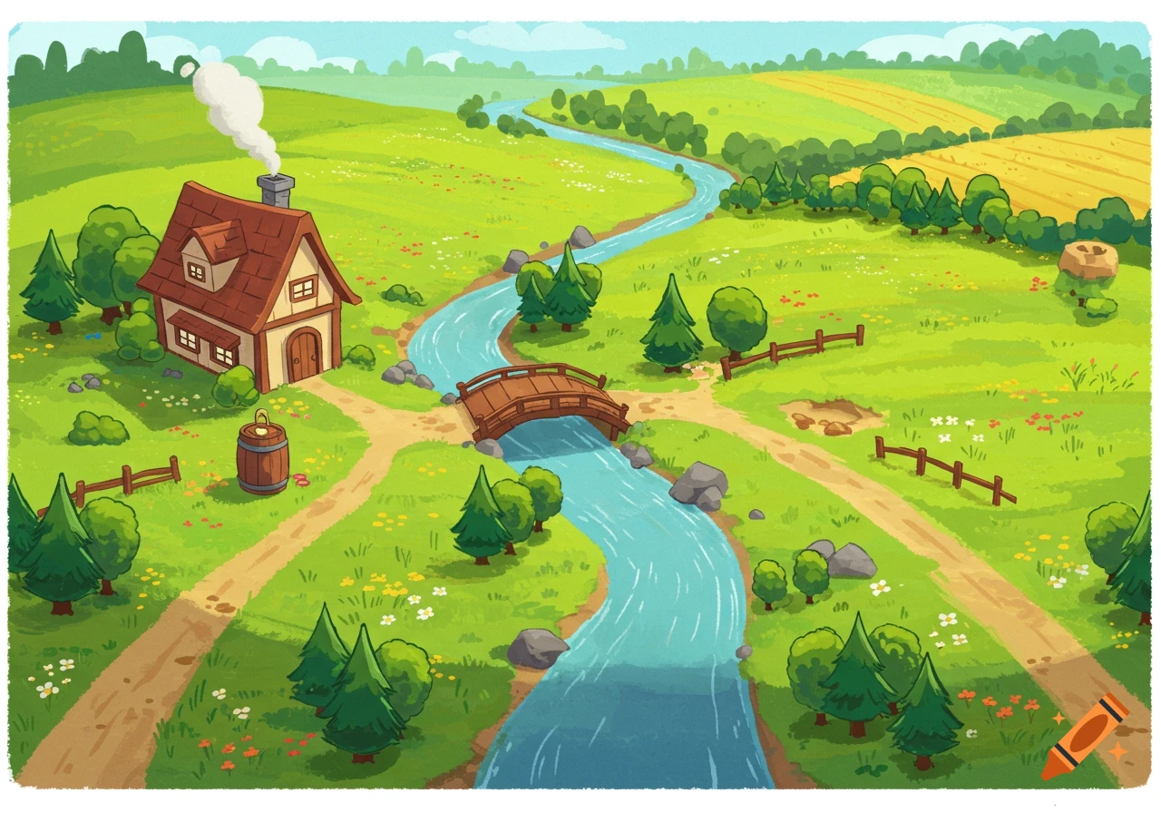 A colorful illustrated game map showing a farmhouse, river, bridge, and ...
