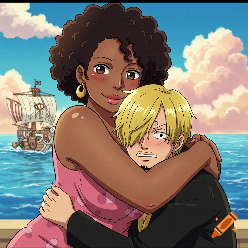 Anime woman with curly hair hugging Sanji with a ship in the background ...