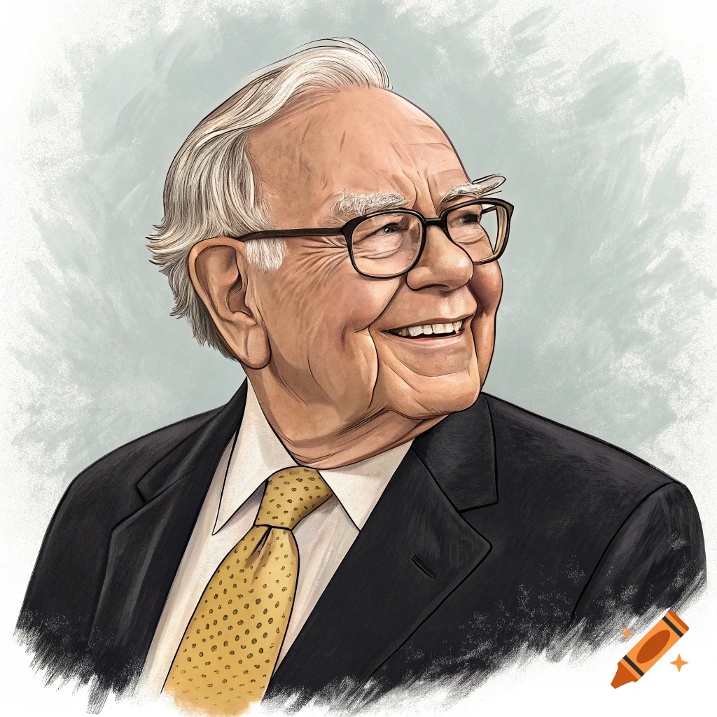 Caricature portrait of Warren Buffett smiling in a suit and gold tie on ...