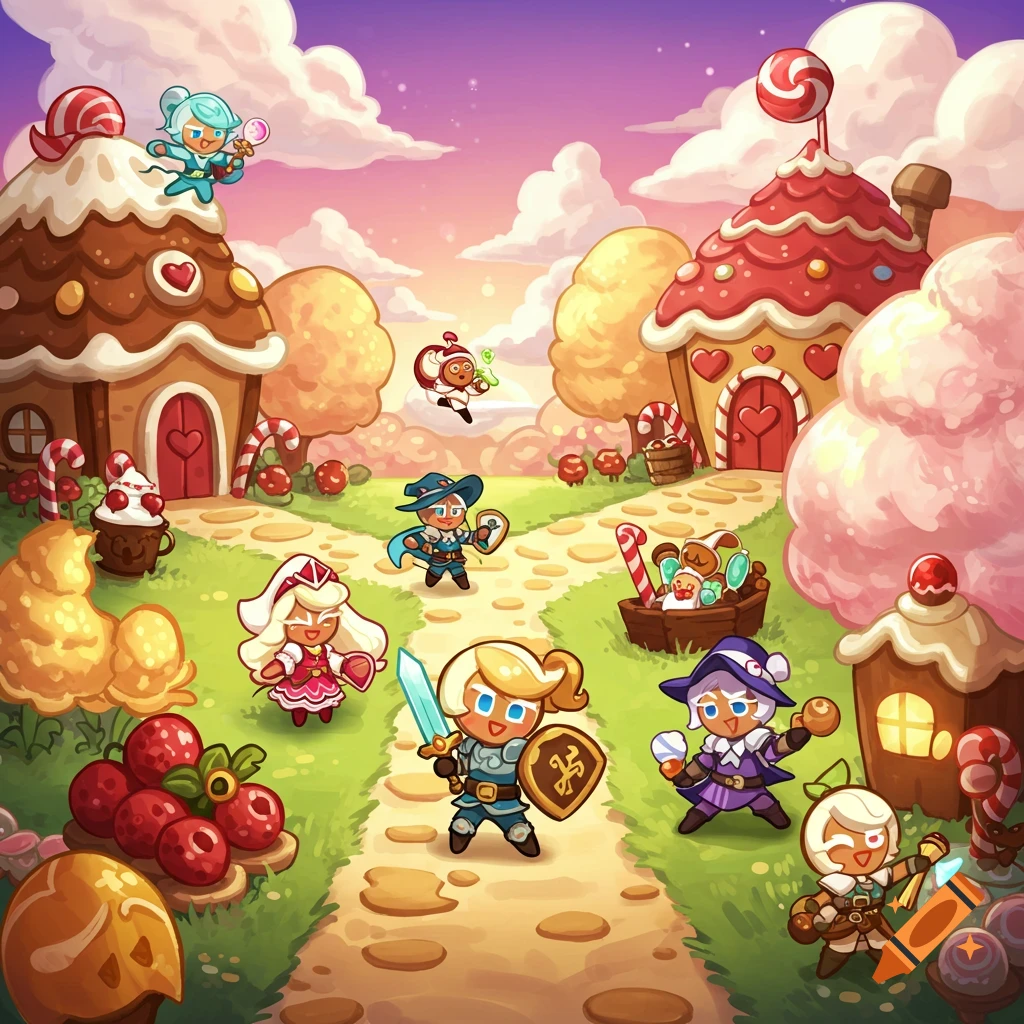 Several cookie characters stand on a path in a sweet, candy land with ...