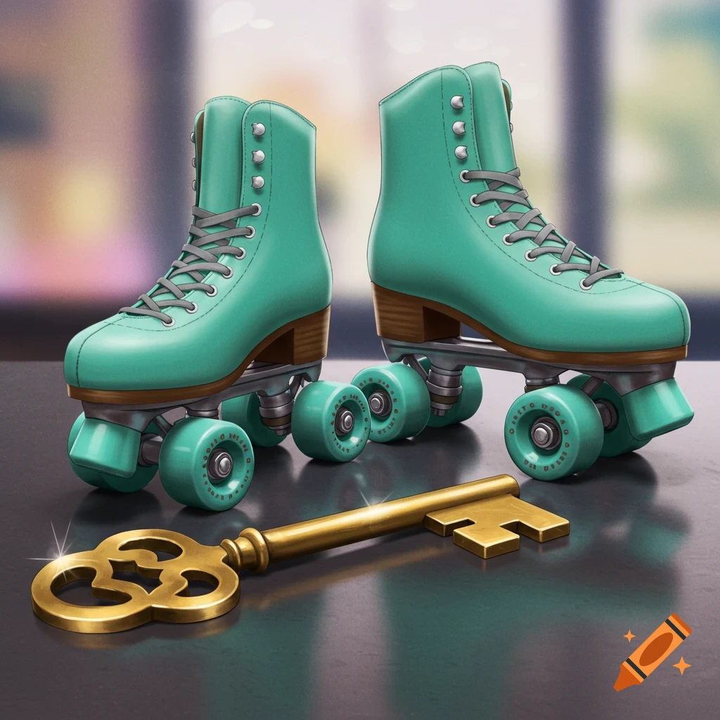A pair of teal roller skates sits next to a golden key on a reflective ...
