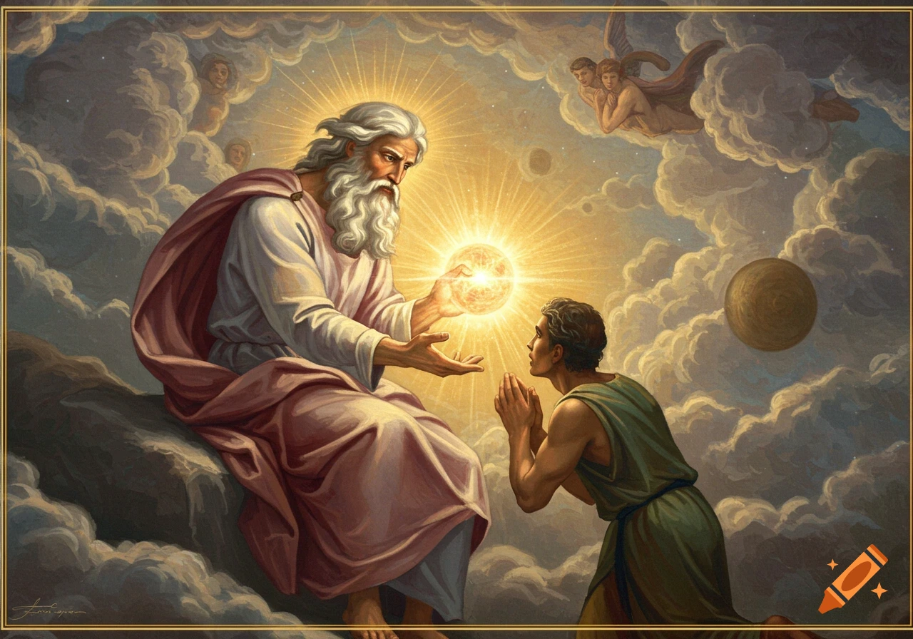 God giving a glowing sphere to a kneeling person among clouds and ...