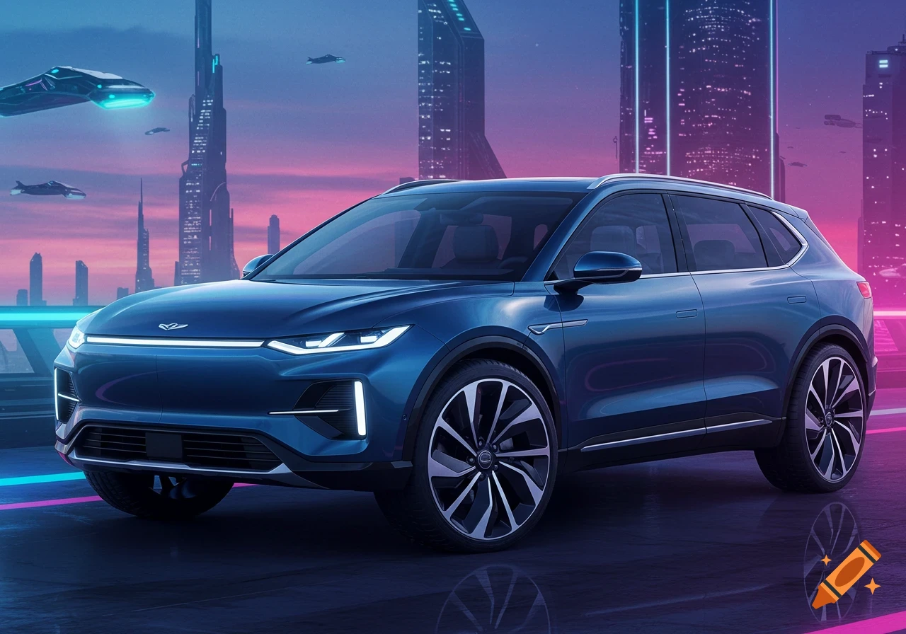 A blue futuristic SUV parked in a neon-lit futuristic city. on Craiyon