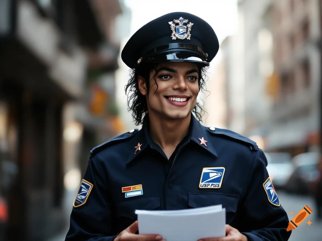 Michael Jackson smiling in a USPS uniform holding papers on a street on ...