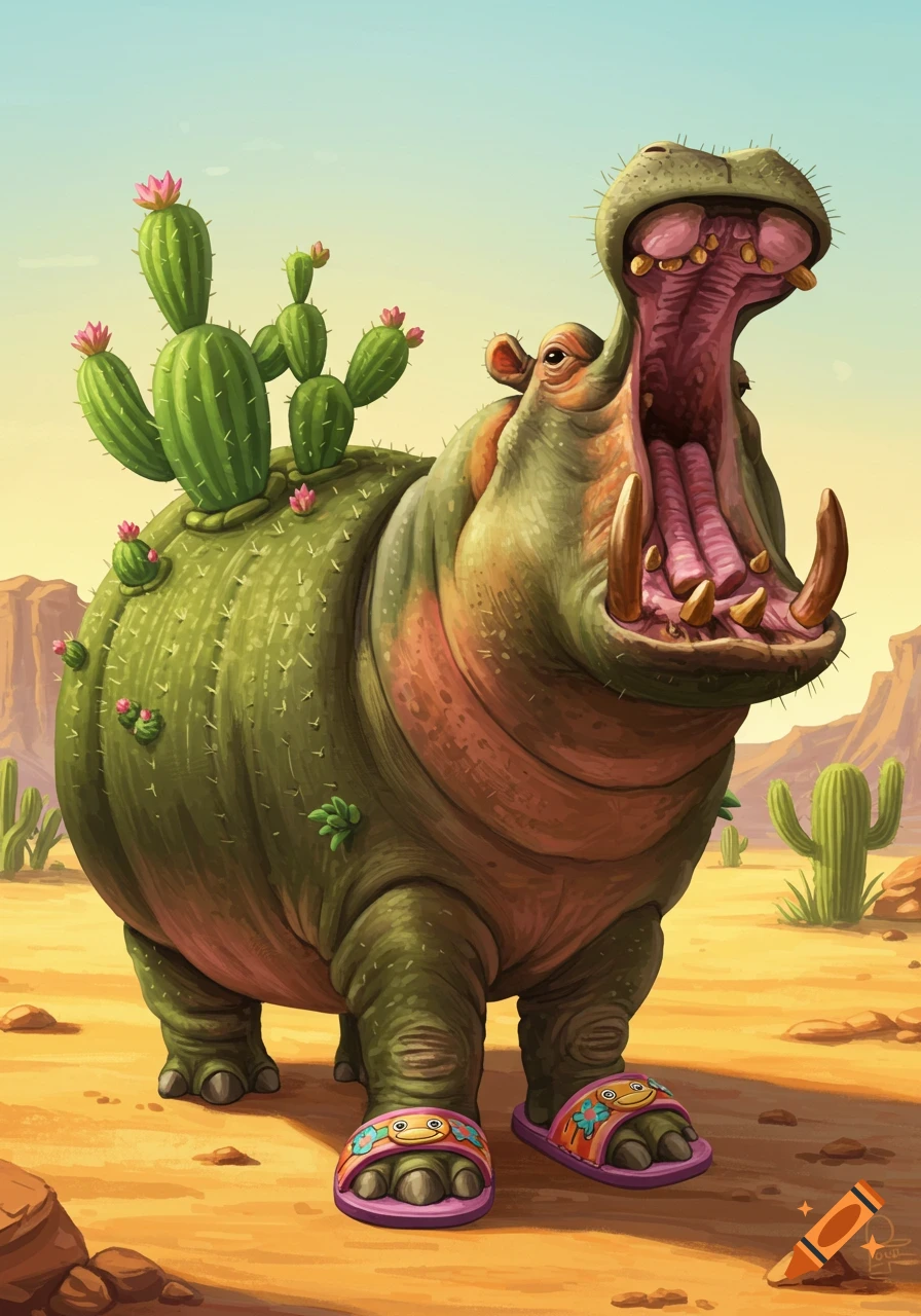 Cartoon illustration of a hippo covered in cacti wearing sandals in a ...