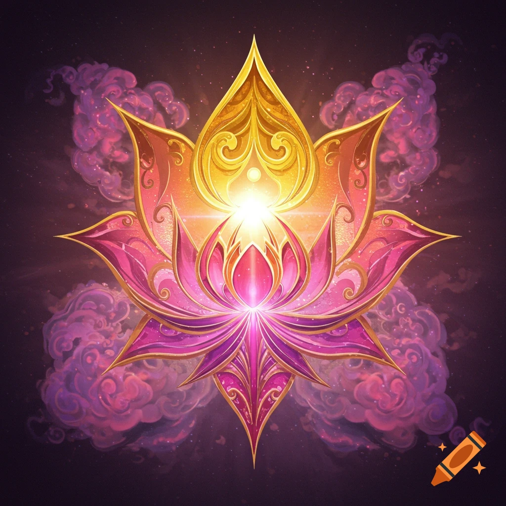 Stylized ornate lotus flower symbol glowing in space with purple clouds ...