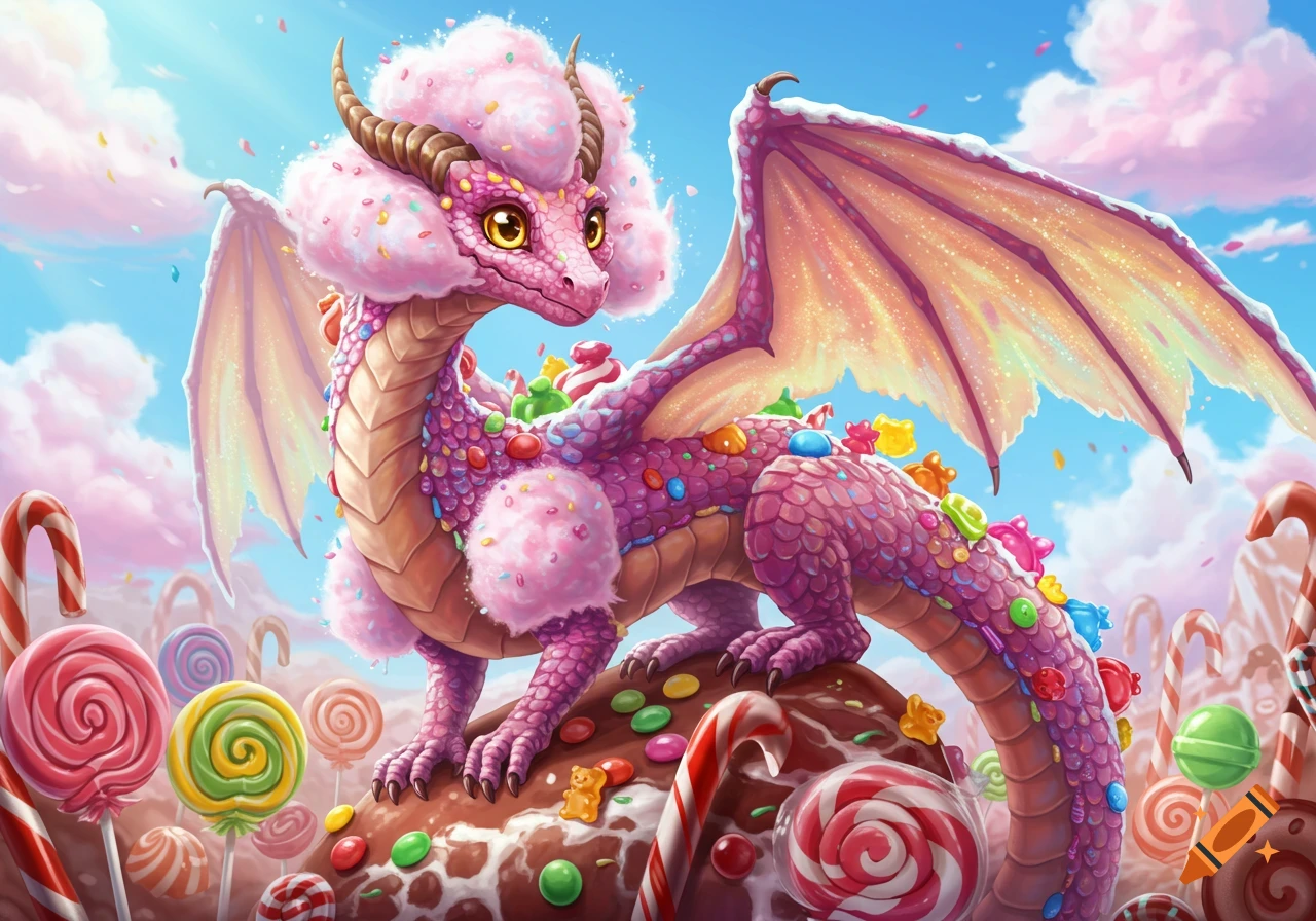 A pink and purple candy dragon covered in sprinkles and gummies stands ...