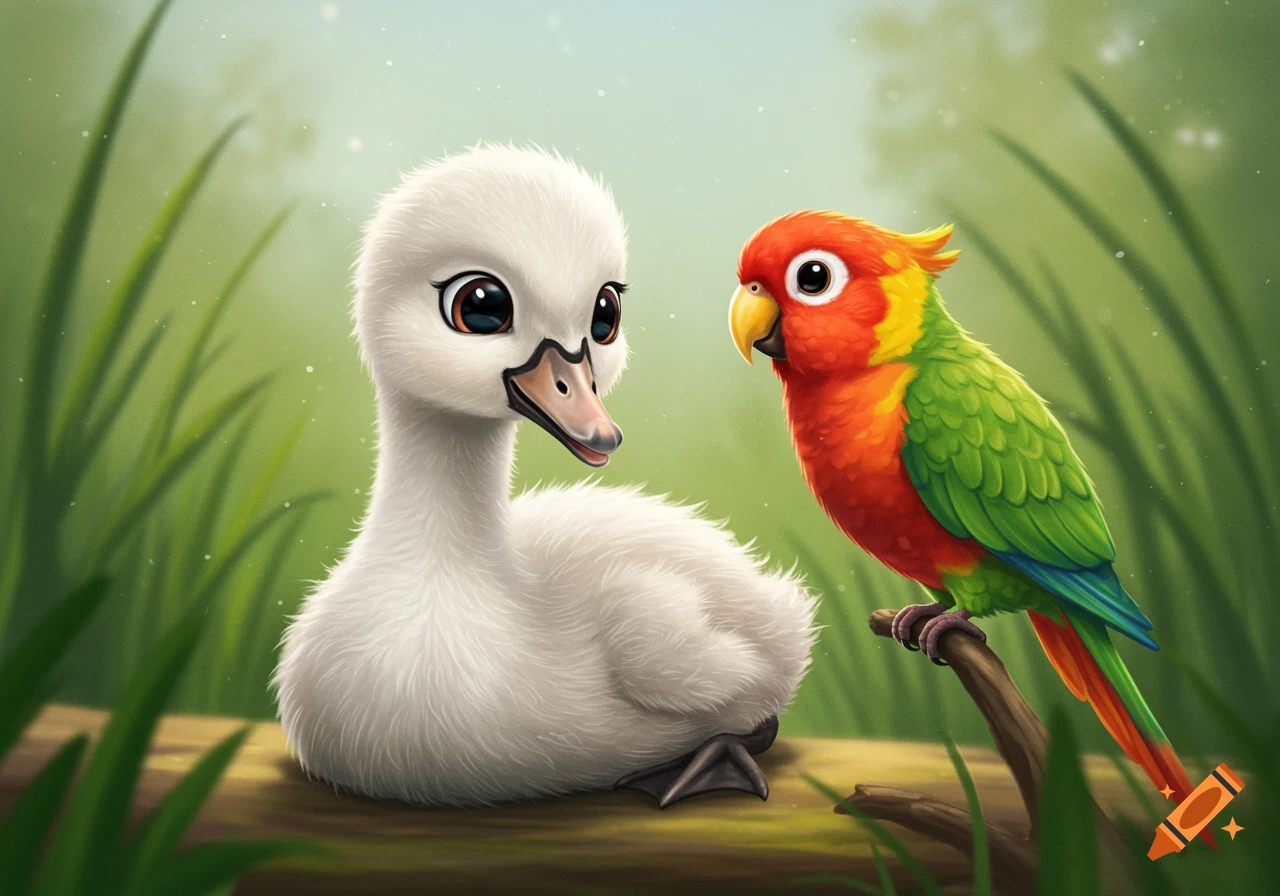 Cartoon of a cute baby swan sitting next to a parrot on a log. on Craiyon