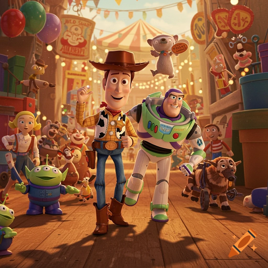 Woody and Buzz Lightyear walk through a lively carnival scene with ...
