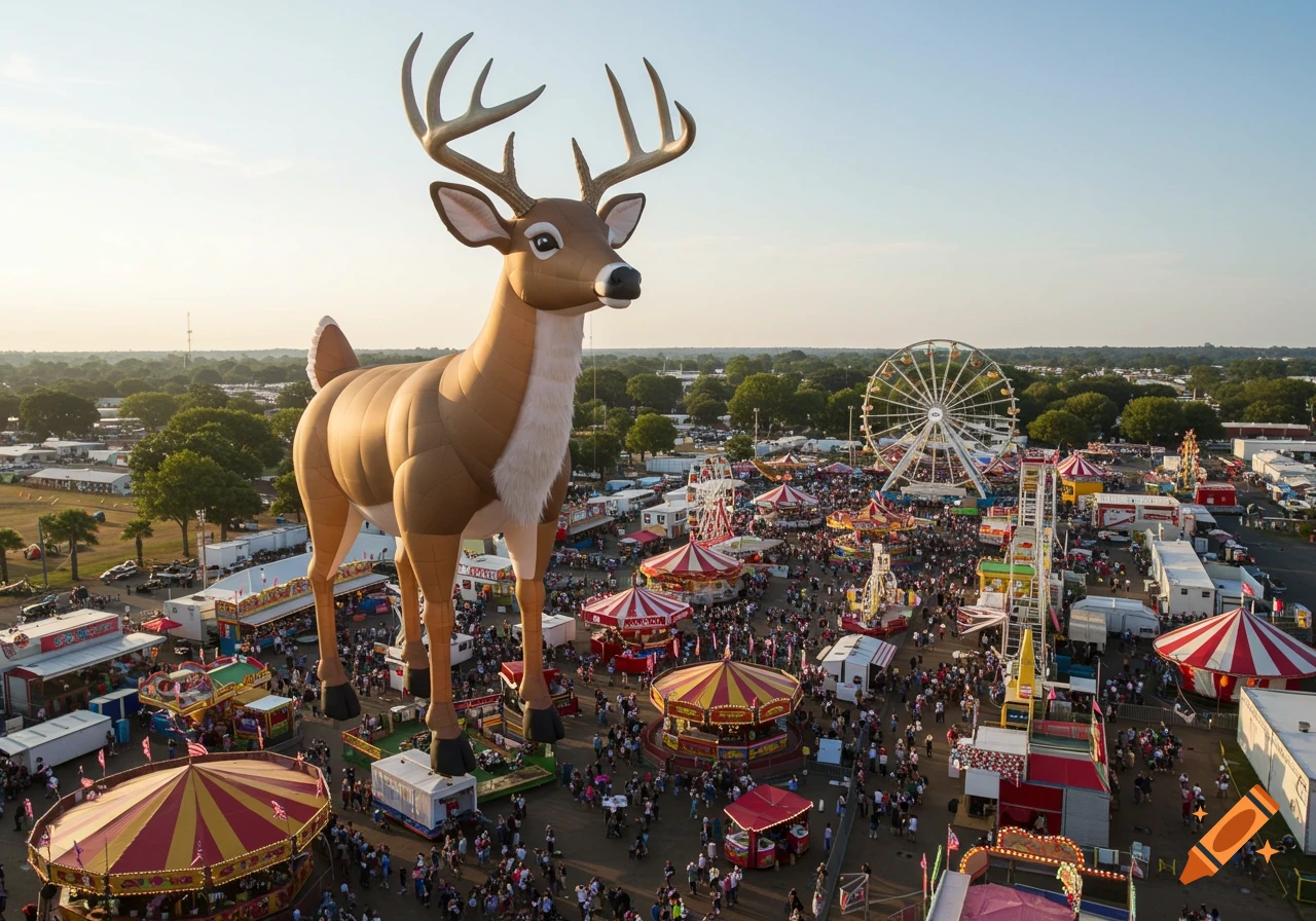 A giant inflatable deer stands tall over a crowded carnival fairground ...
