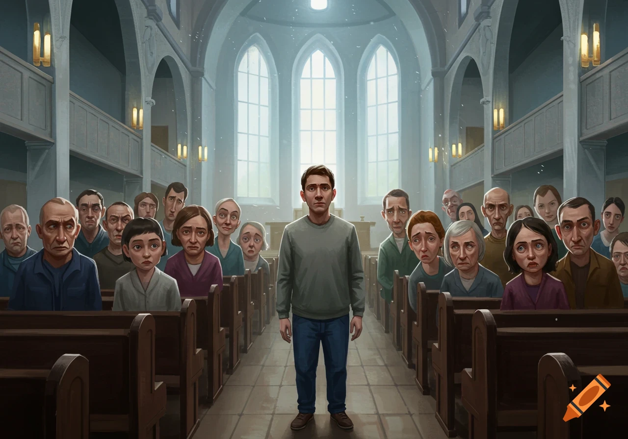 Illustration of a man standing in a church aisle, judged by an annoyed ...