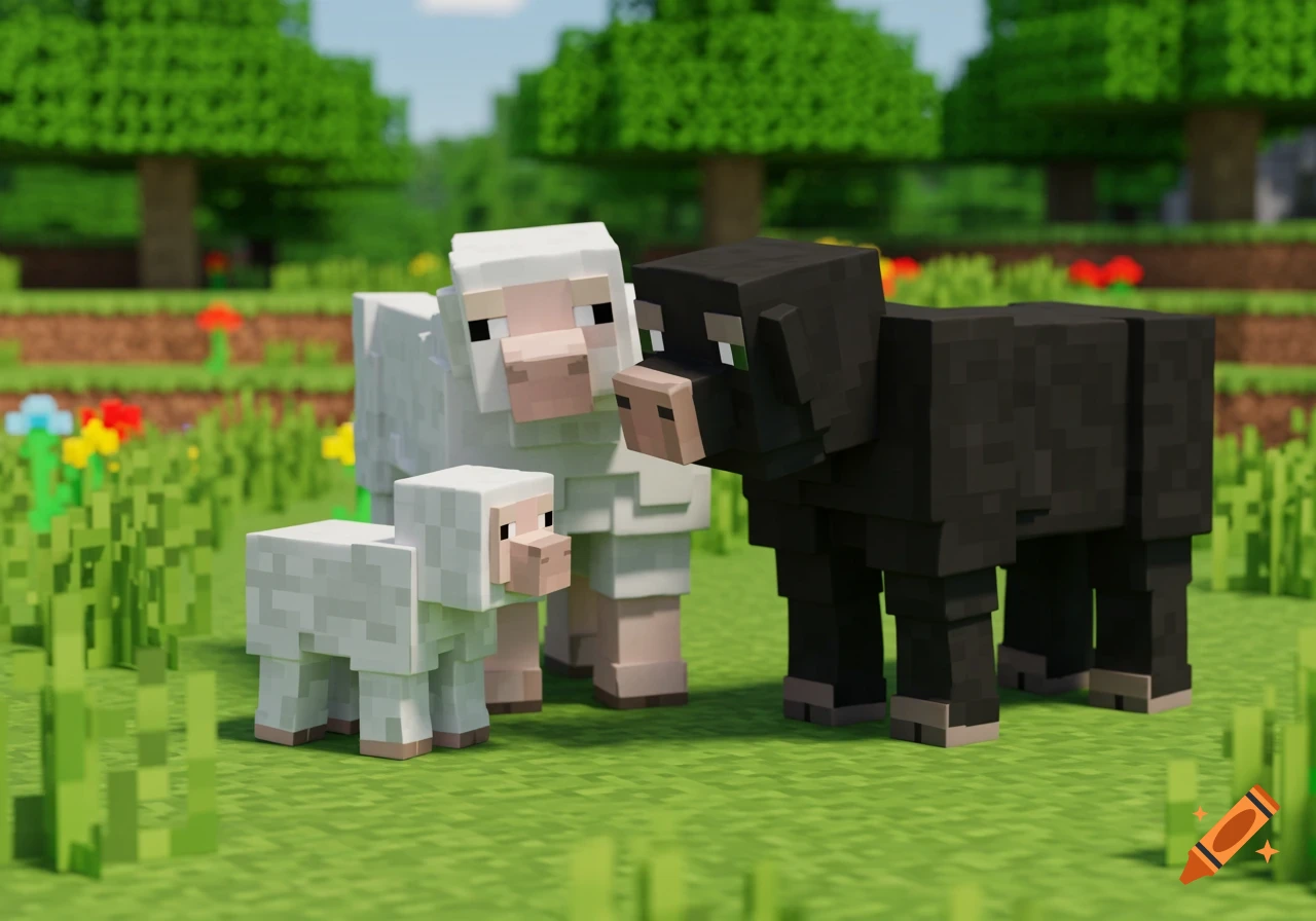 Minecraft family of white and black sheep in a blocky landscape. on Craiyon
