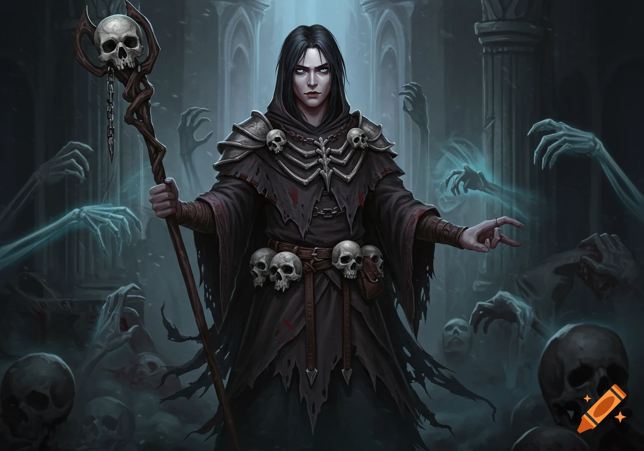 A necromancer holding a skull-topped staff stands among spectral hands ...