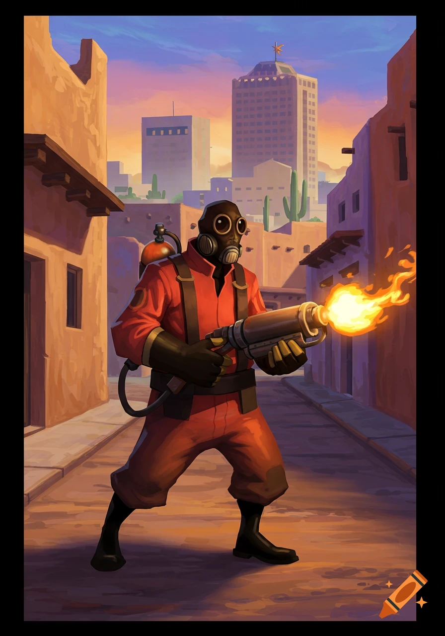 TF2 Pyro with flamethrower in a desert town at sunset. Stylized. on Craiyon