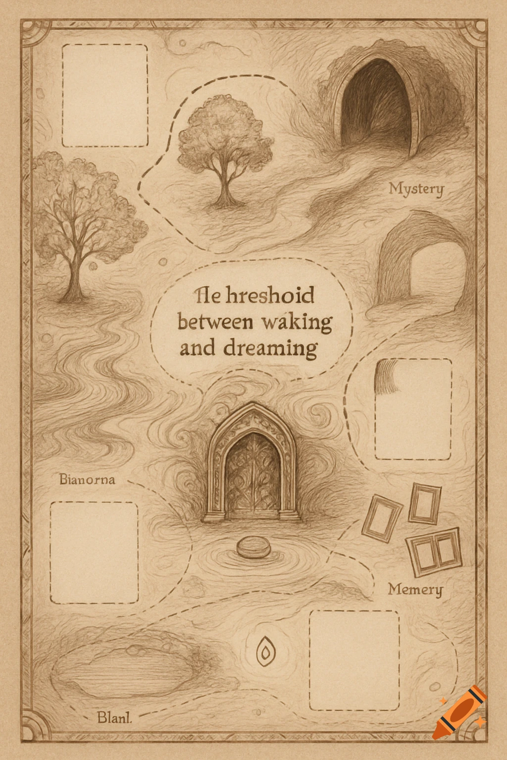 Hand-drawn fantasy map sketch with paths, landmarks, central door, and ...