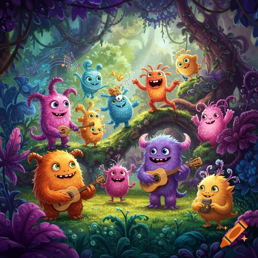 Colorful cartoon monsters playing music in a vibrant forest. on Craiyon
