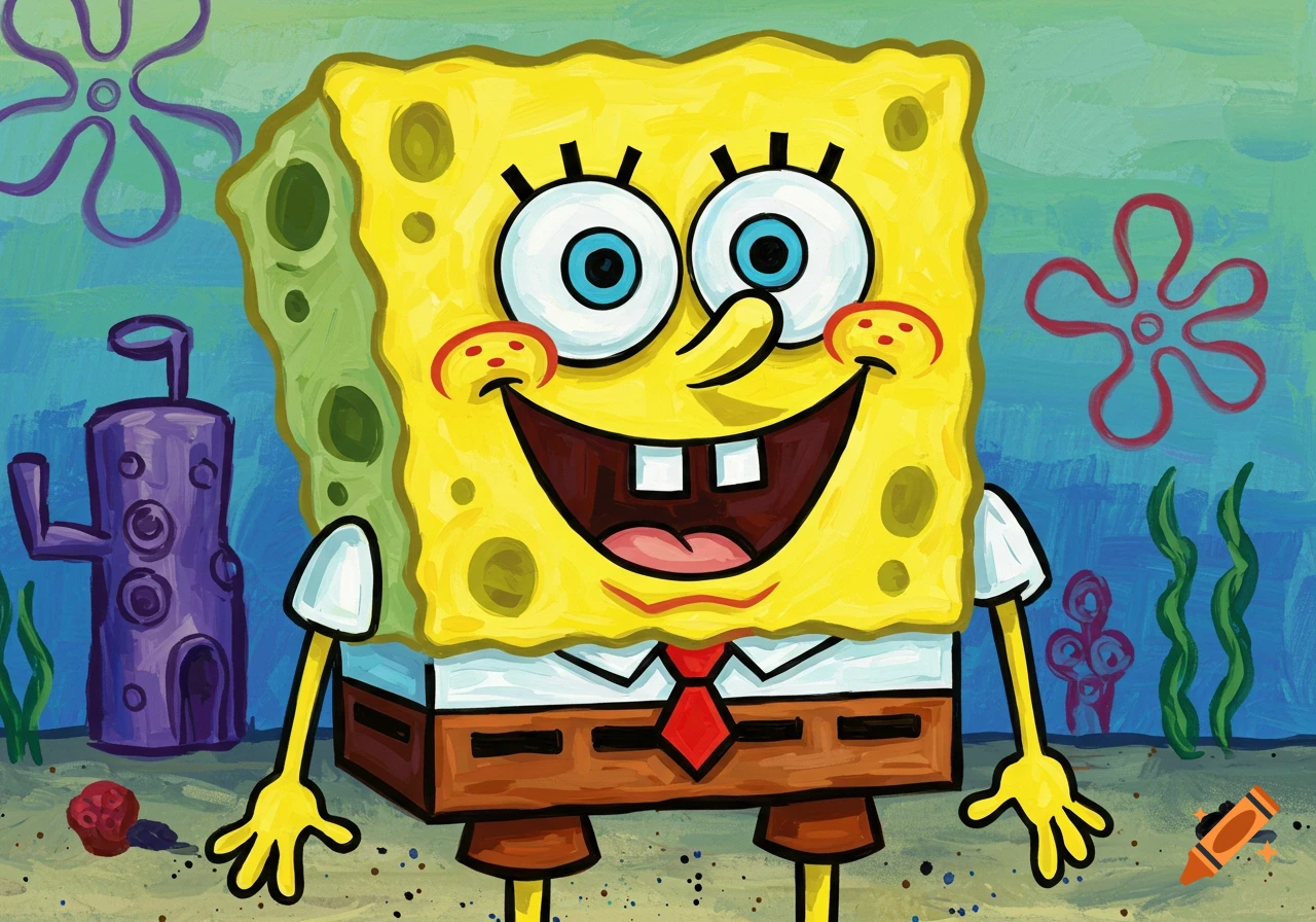 Stylized painting of Spongebob Squarepants smiling on Craiyon