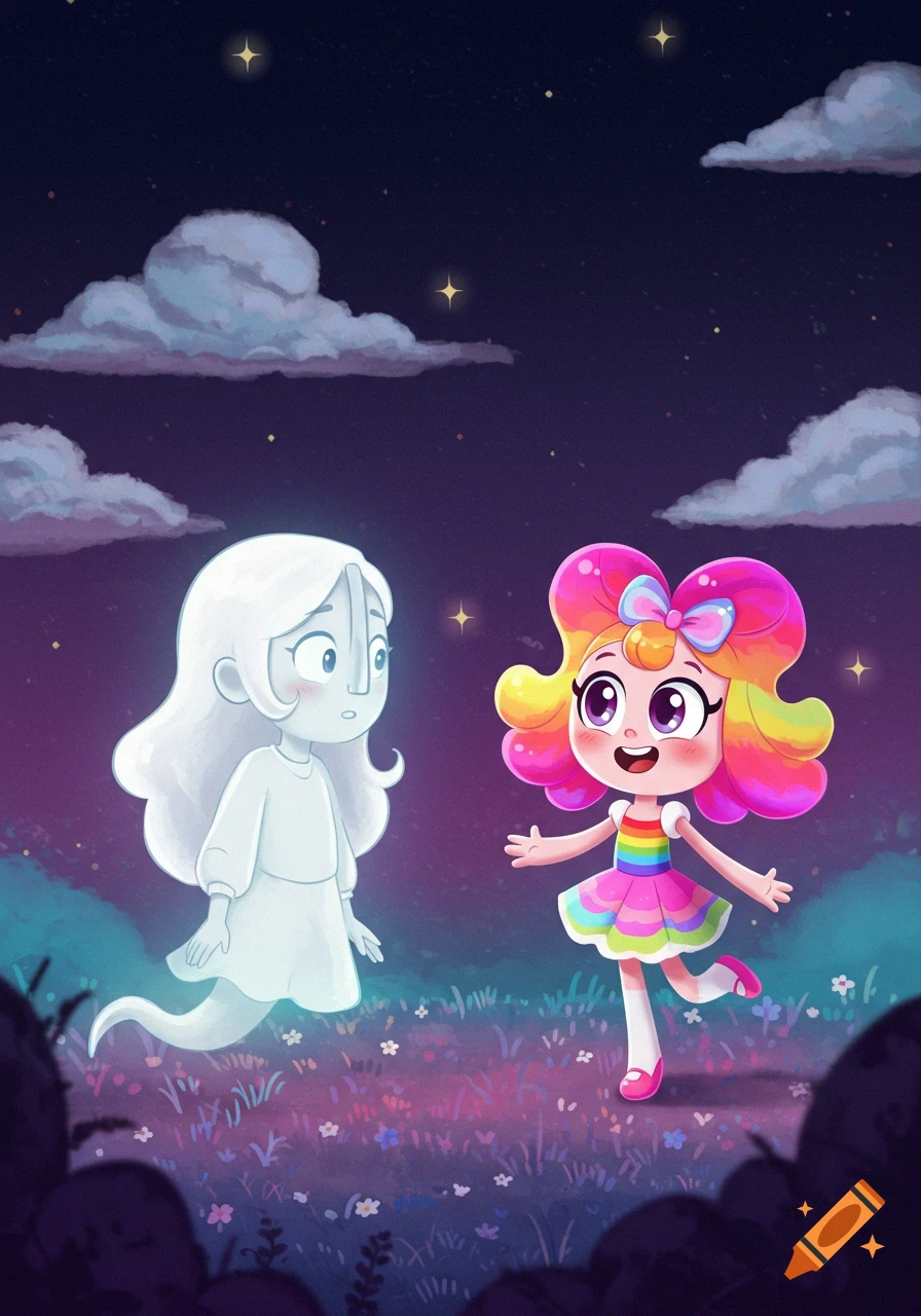 Cartoon ghost girl meets colorful girl with rainbow hair in a field ...