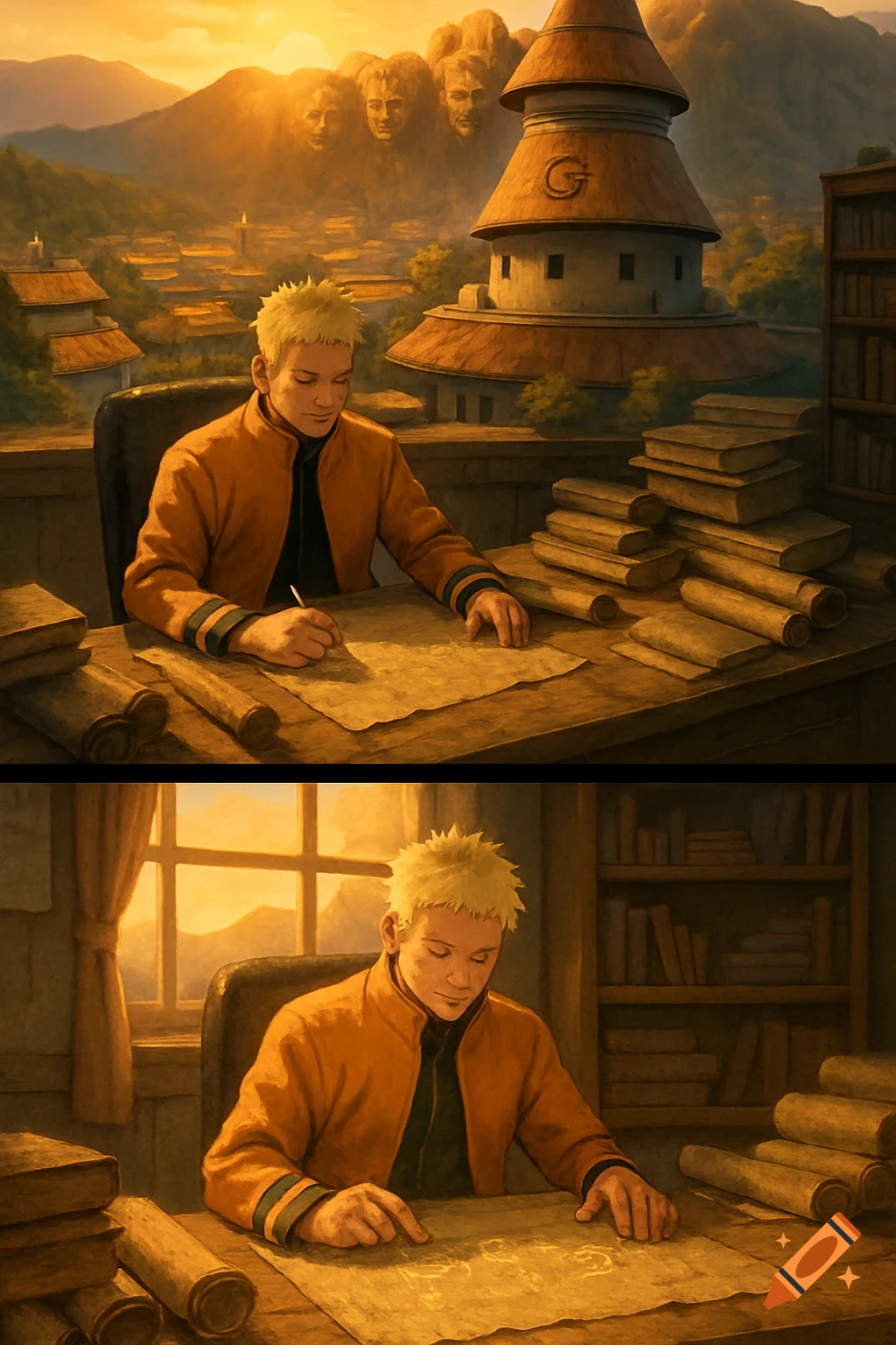 Character resembling Naruto at desk with scrolls, village and Hokage ...