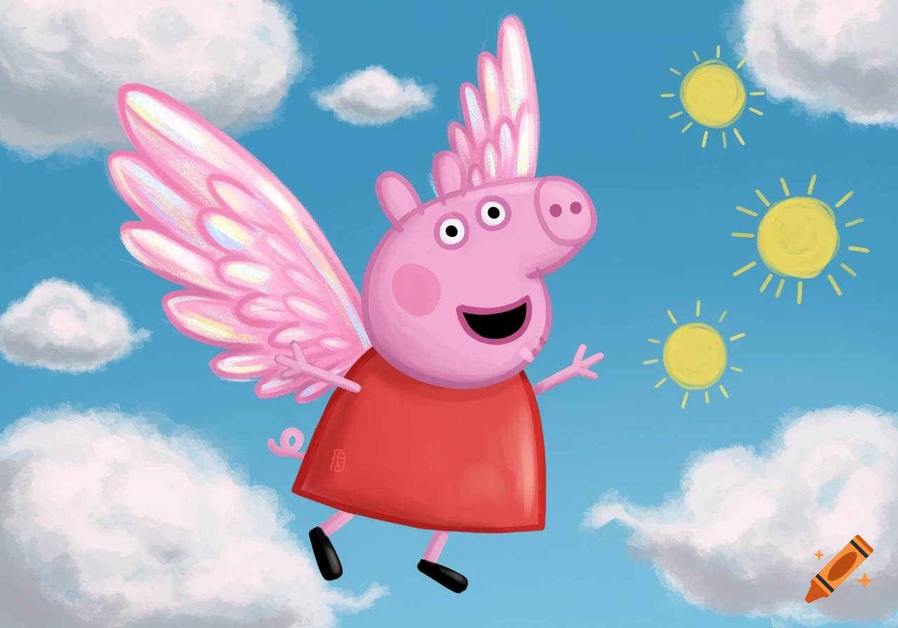 Peppa Pig with pink wings flies through a blue sky with clouds and suns ...