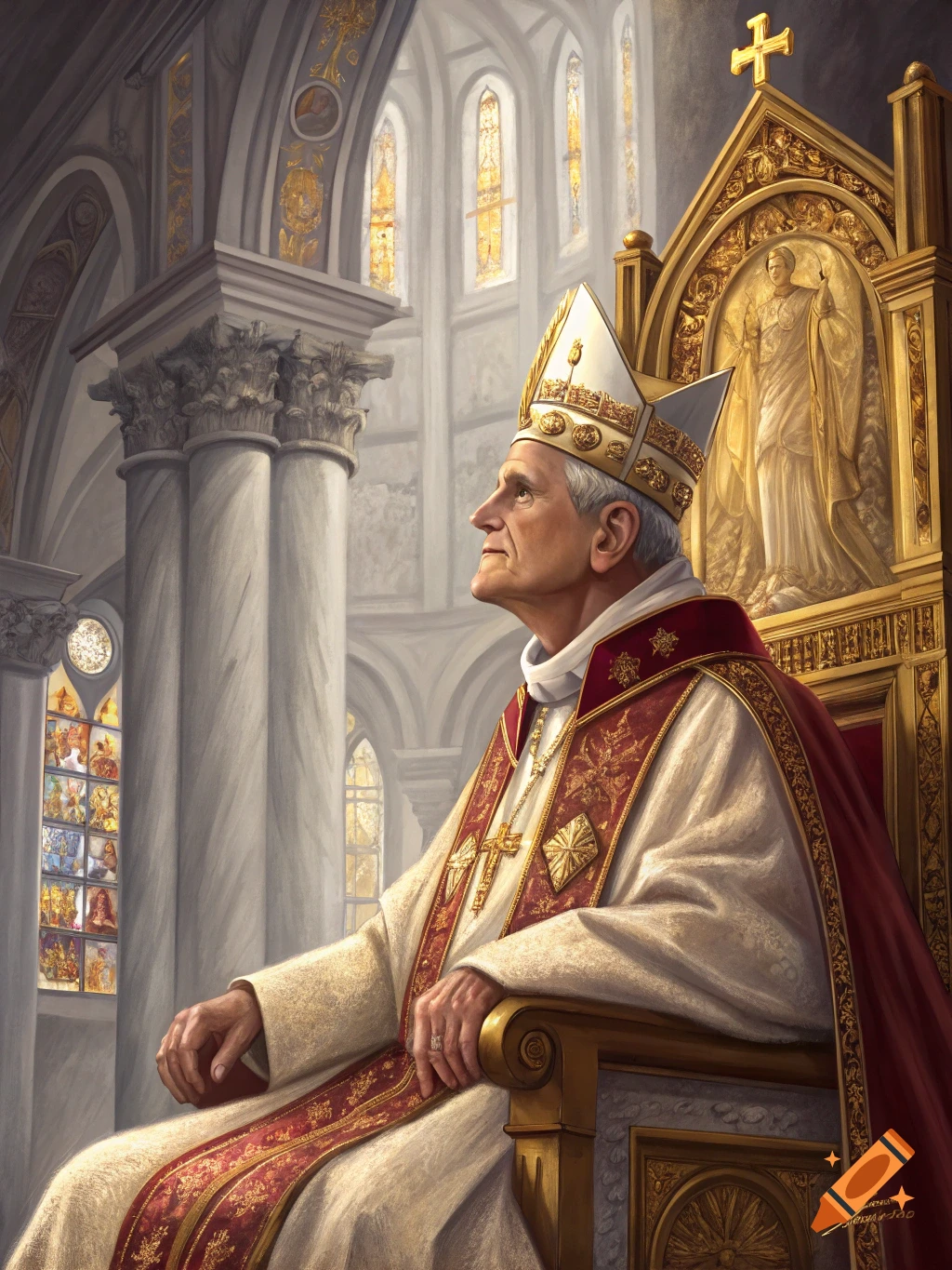 Detailed painting of a Pope in a papal tiara seated on a throne in a ...