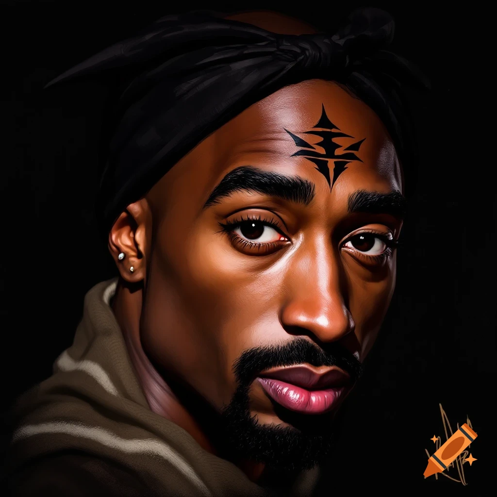 Close-up portrait of Tupac Shakur with a forehead tattoo. on Craiyon