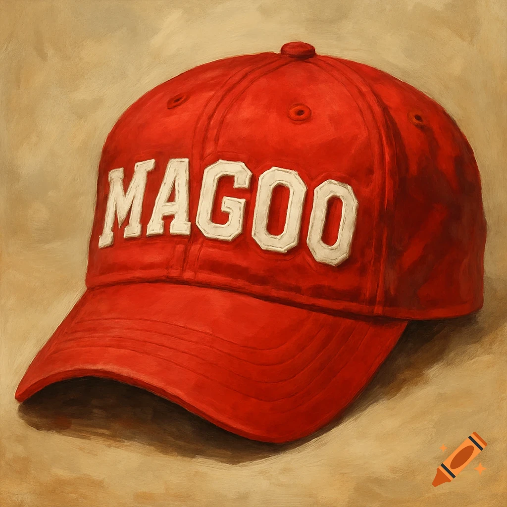 A red baseball cap with white letters spelling MAGOO in a painterly ...