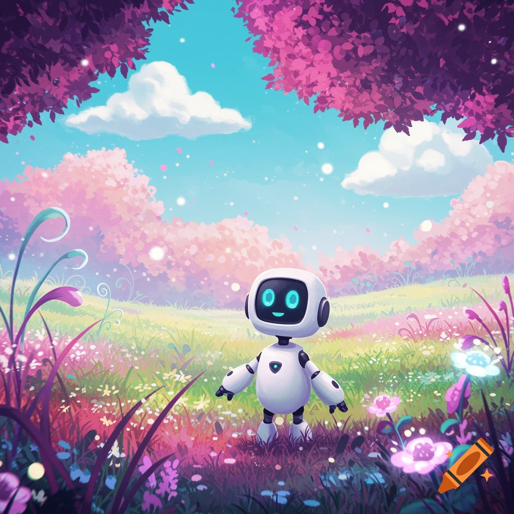A cute white robot stands in a vibrant fantasy landscape filled with ...