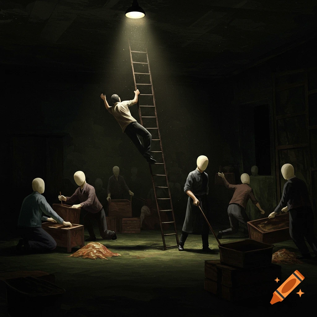 Stylized scene of faceless figures in a dark room, one climbing a ...