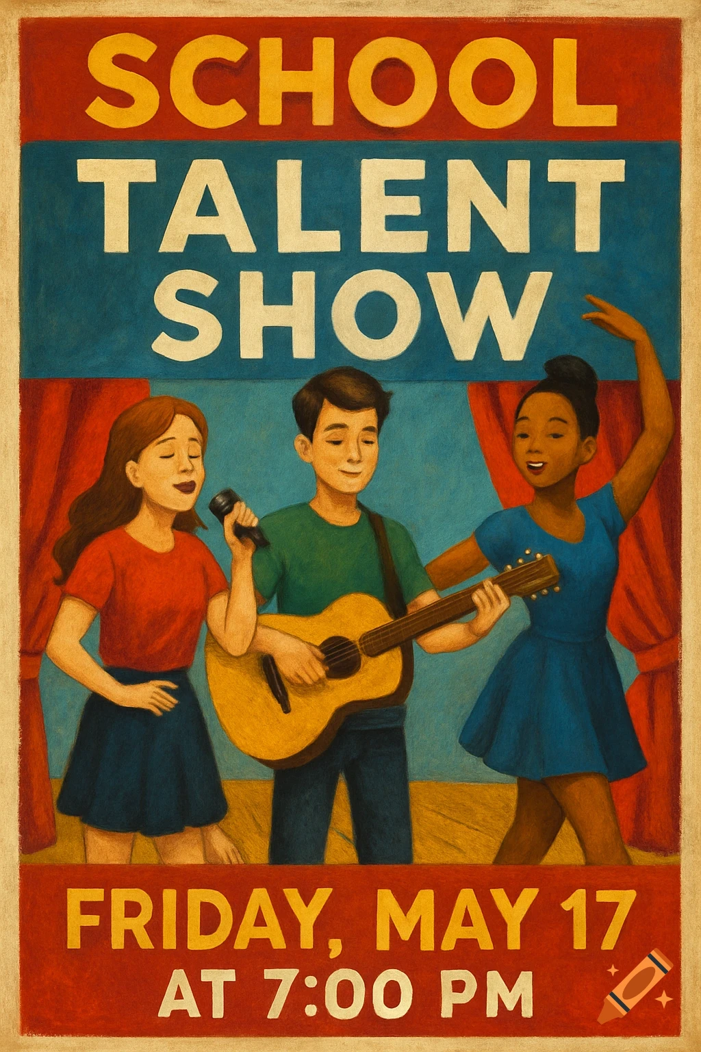 Illustration of a school talent show poster with three kids singing ...