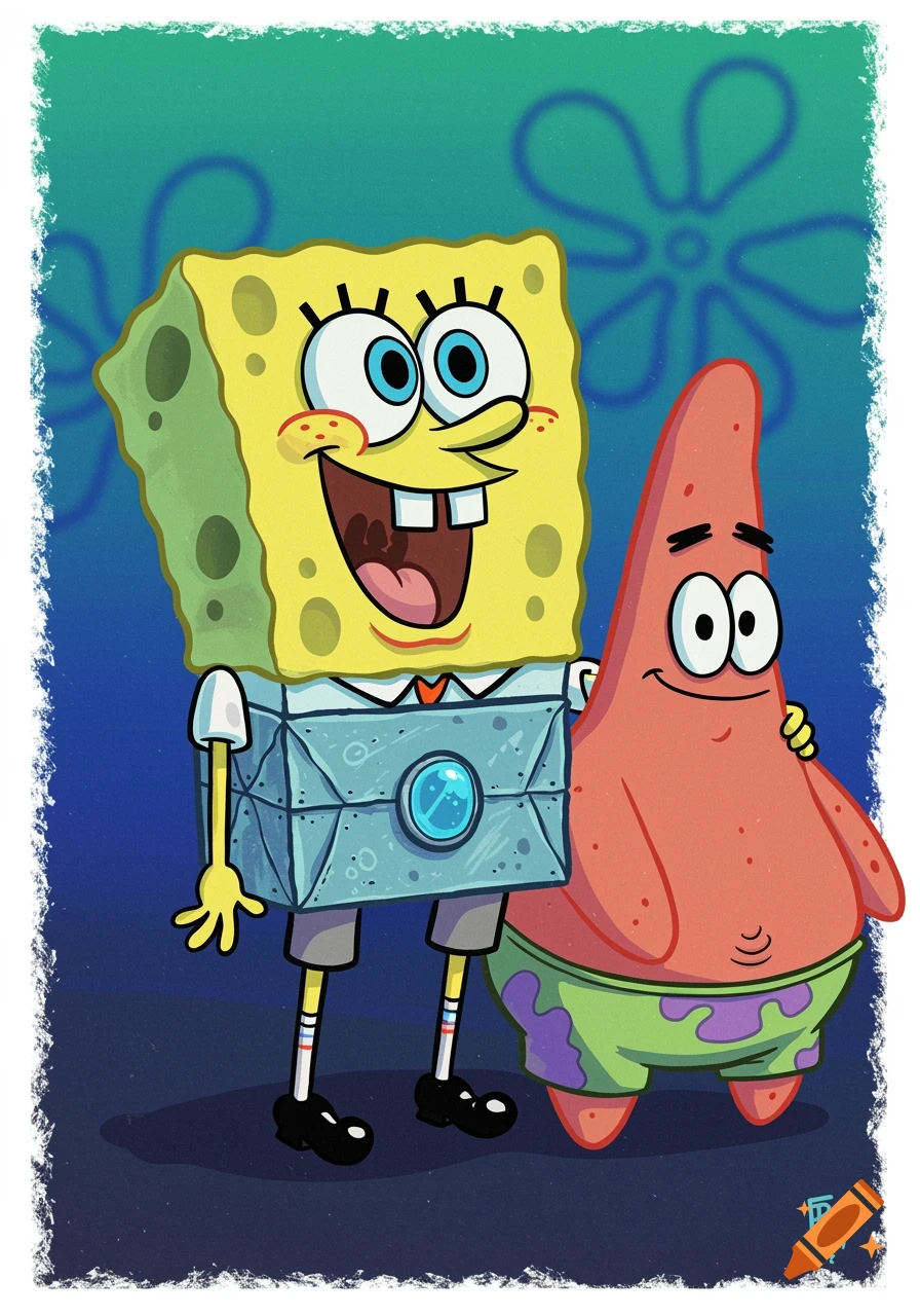Cartoon illustration of Spongebob Squarepants and Patrick Star smiling. on Craiyon
