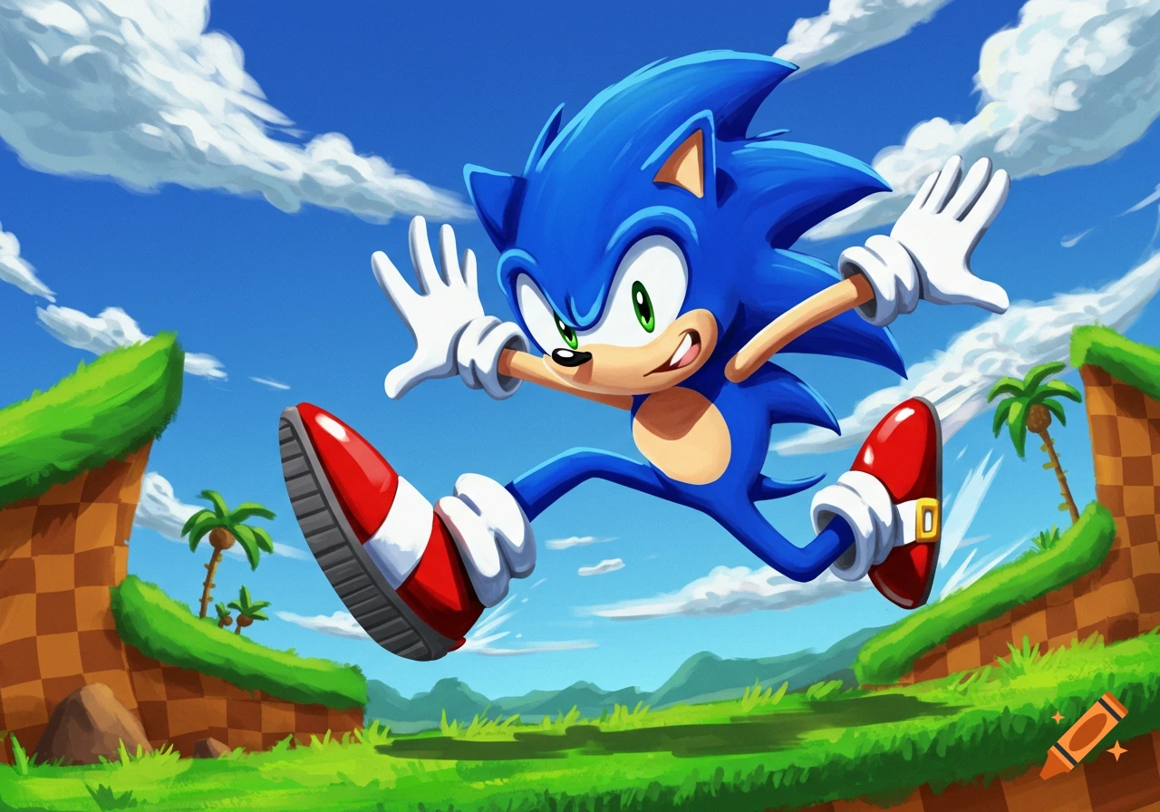 Sonic the Hedgehog jumps high in a stylized Green Hill Zone landscape ...