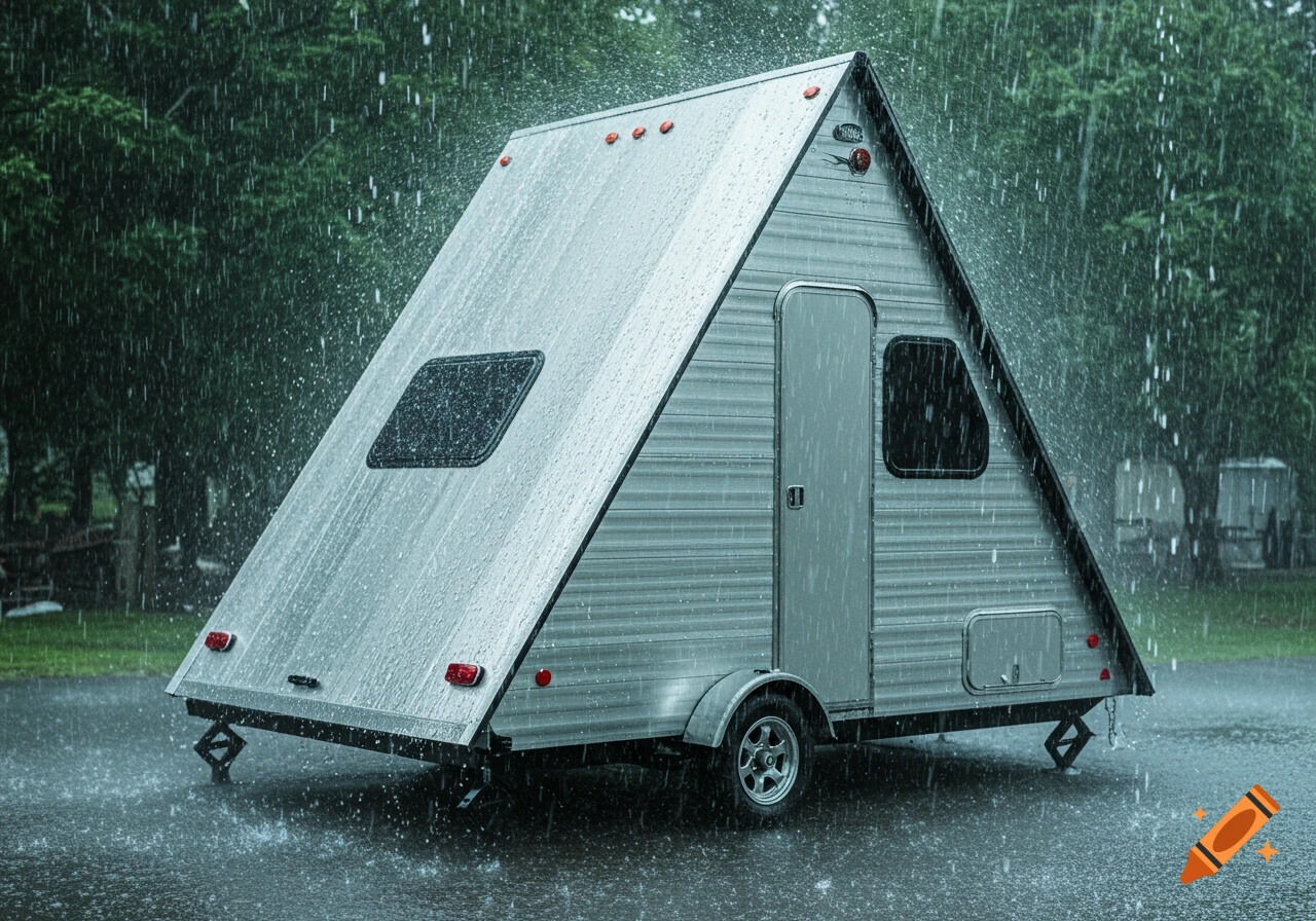 A triangle-shaped camper in pouring rain. on Craiyon