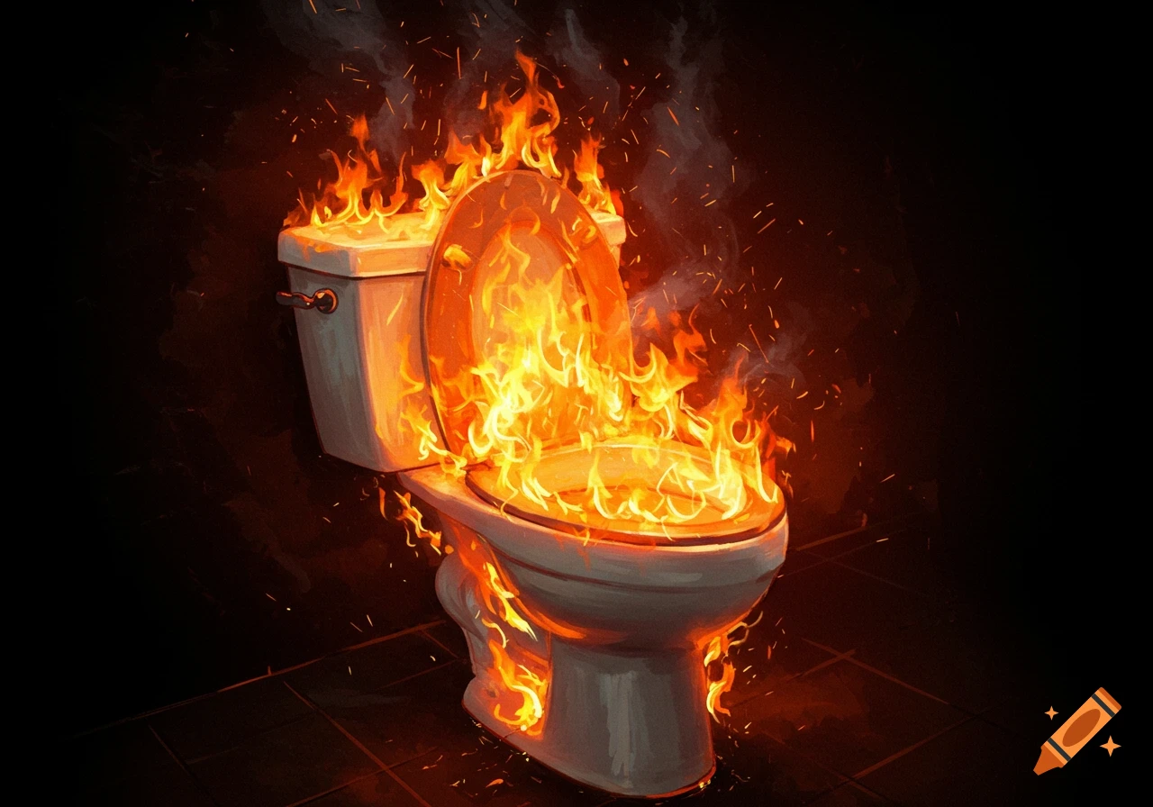 A white toilet is engulfed in flames in a dark room. Digital painting ...