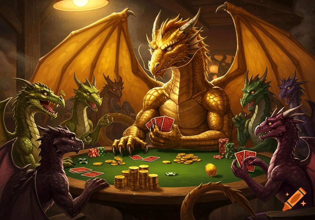 A group of fantasy dragons, including a gold dragon, playing poker at a ...