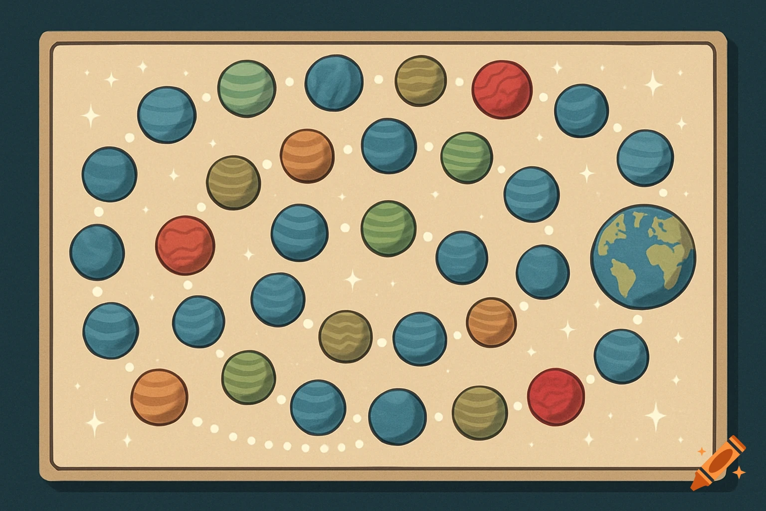 Stylized board game showing a path of planets leading to Earth. on Craiyon