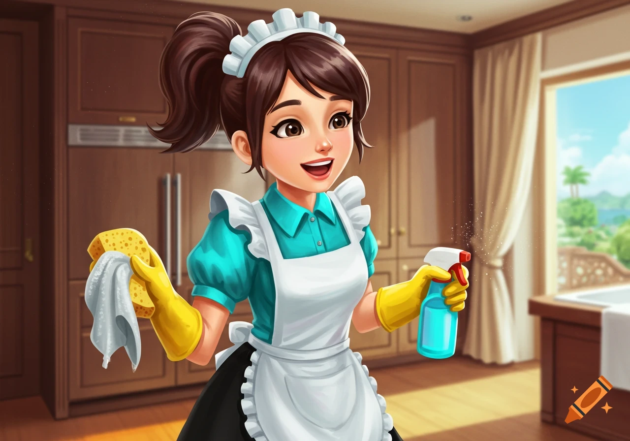 Cartoon illustration of a maid cleaning in a kitchen. on Craiyon