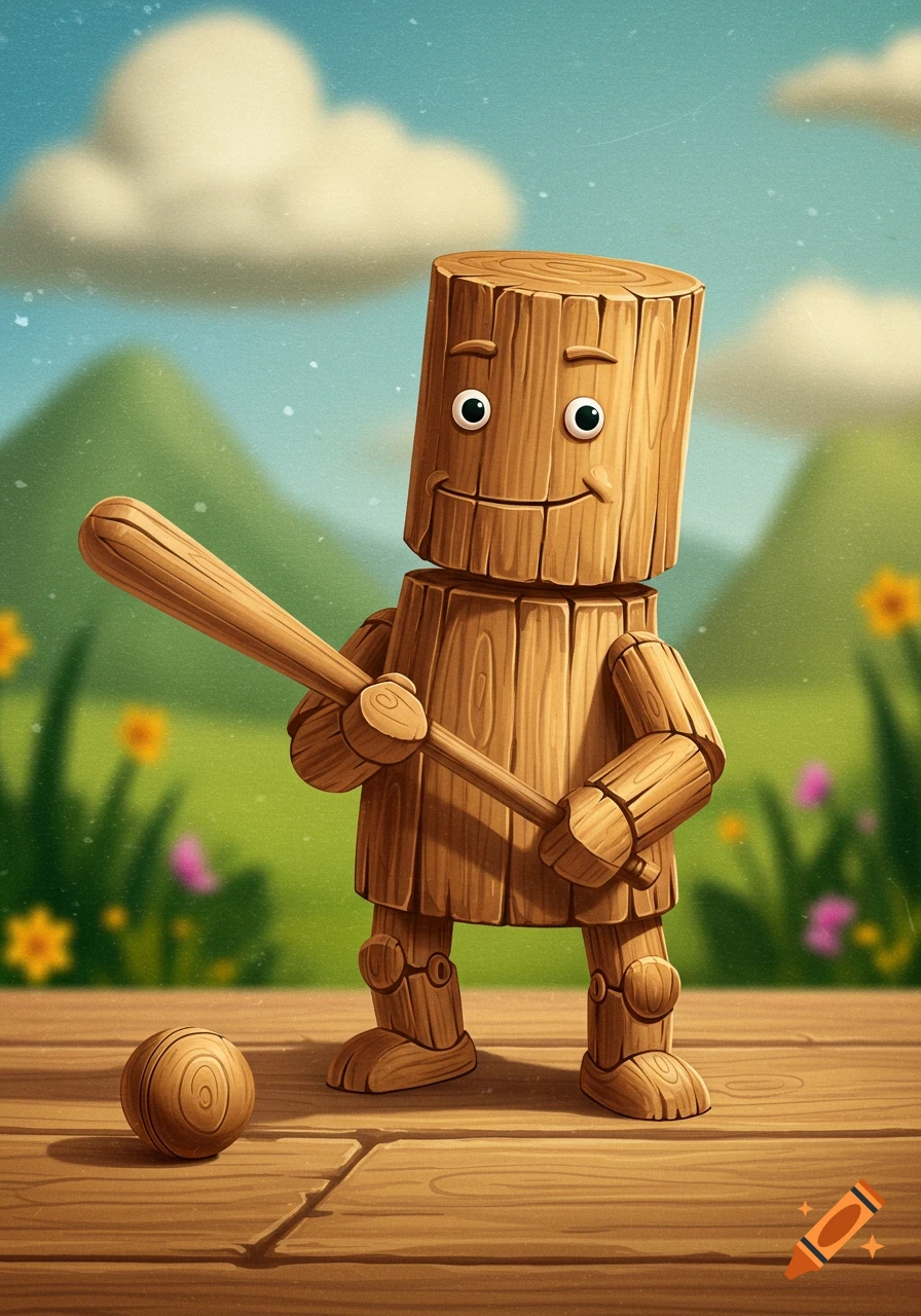 A cartoon wooden character holds a baseball bat, standing on a wooden ...