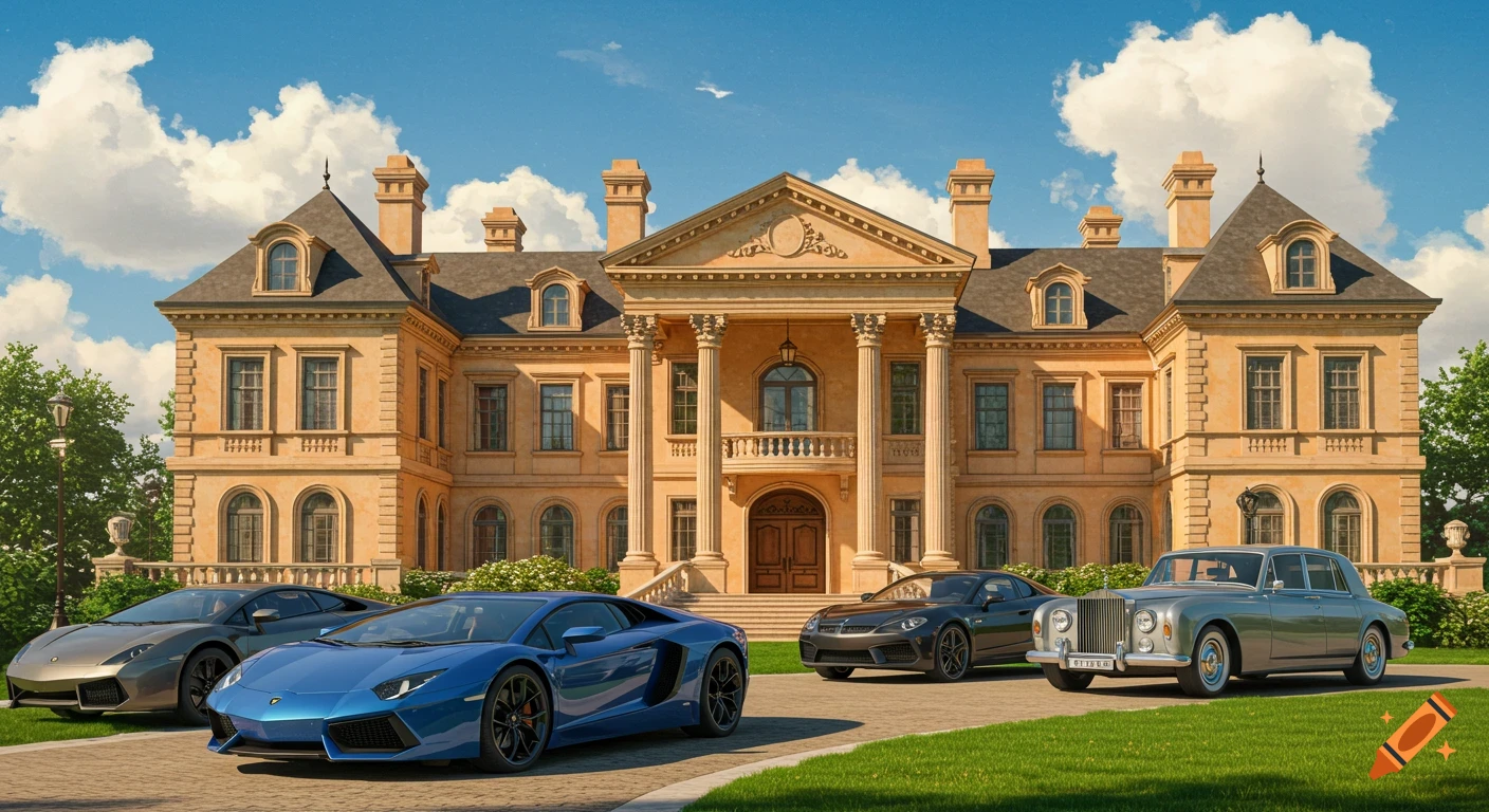 A large mansion with luxury cars parked on the driveway in front. on ...