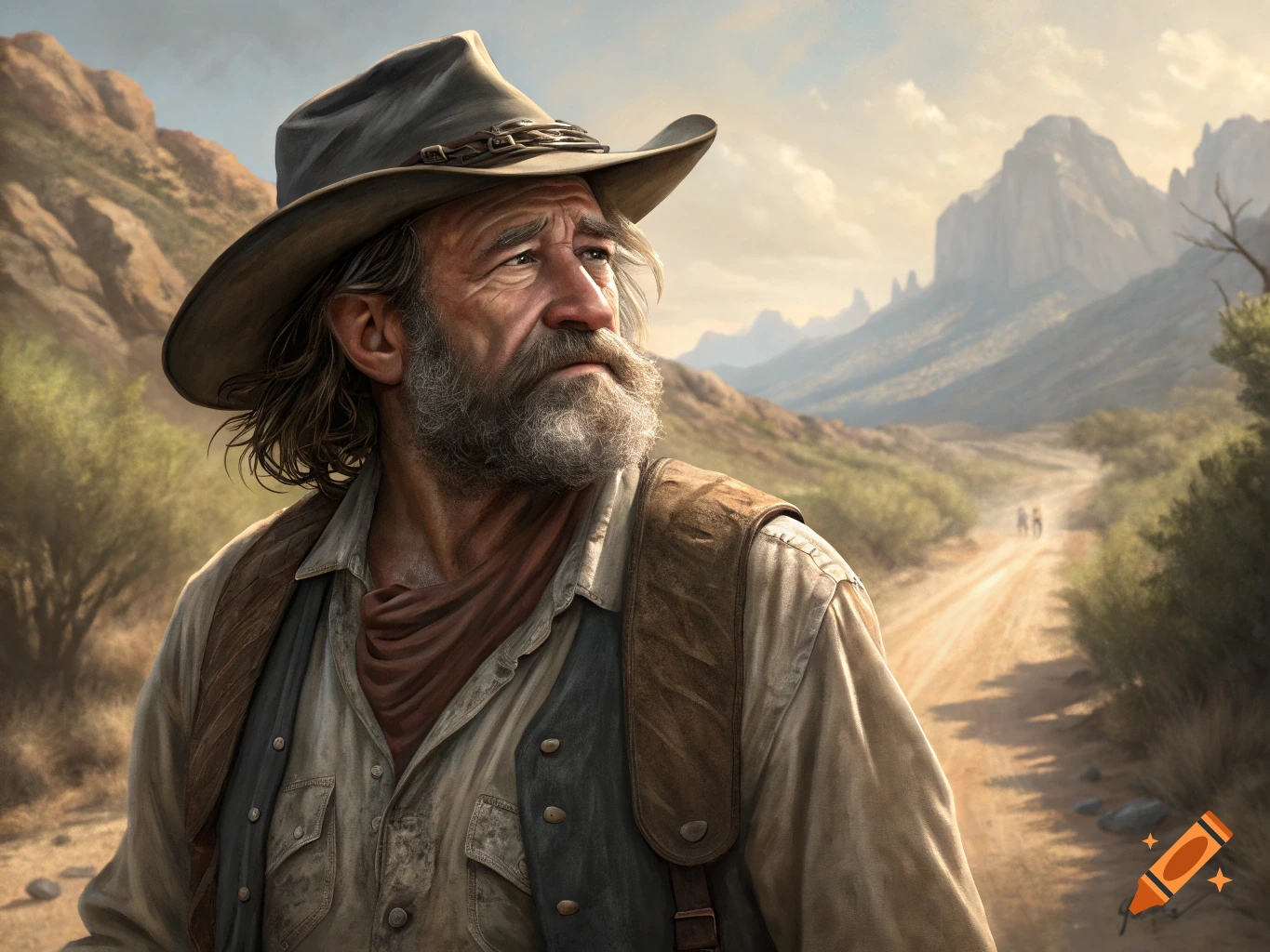 A portrait of a scruffy man in a cowboy hat and vest, looking into the ...