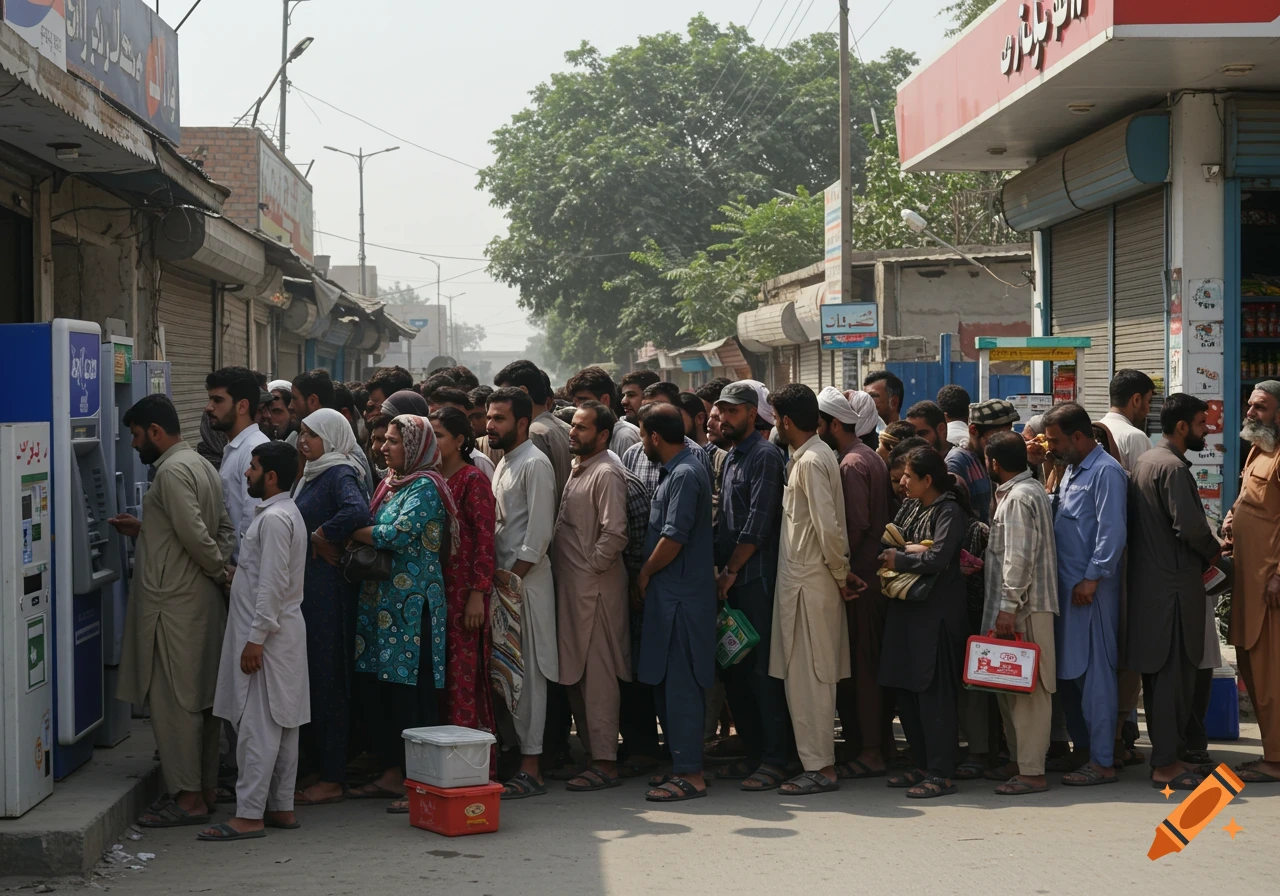 A large crowd of people wait in line outside ATMs and shops on a street ...