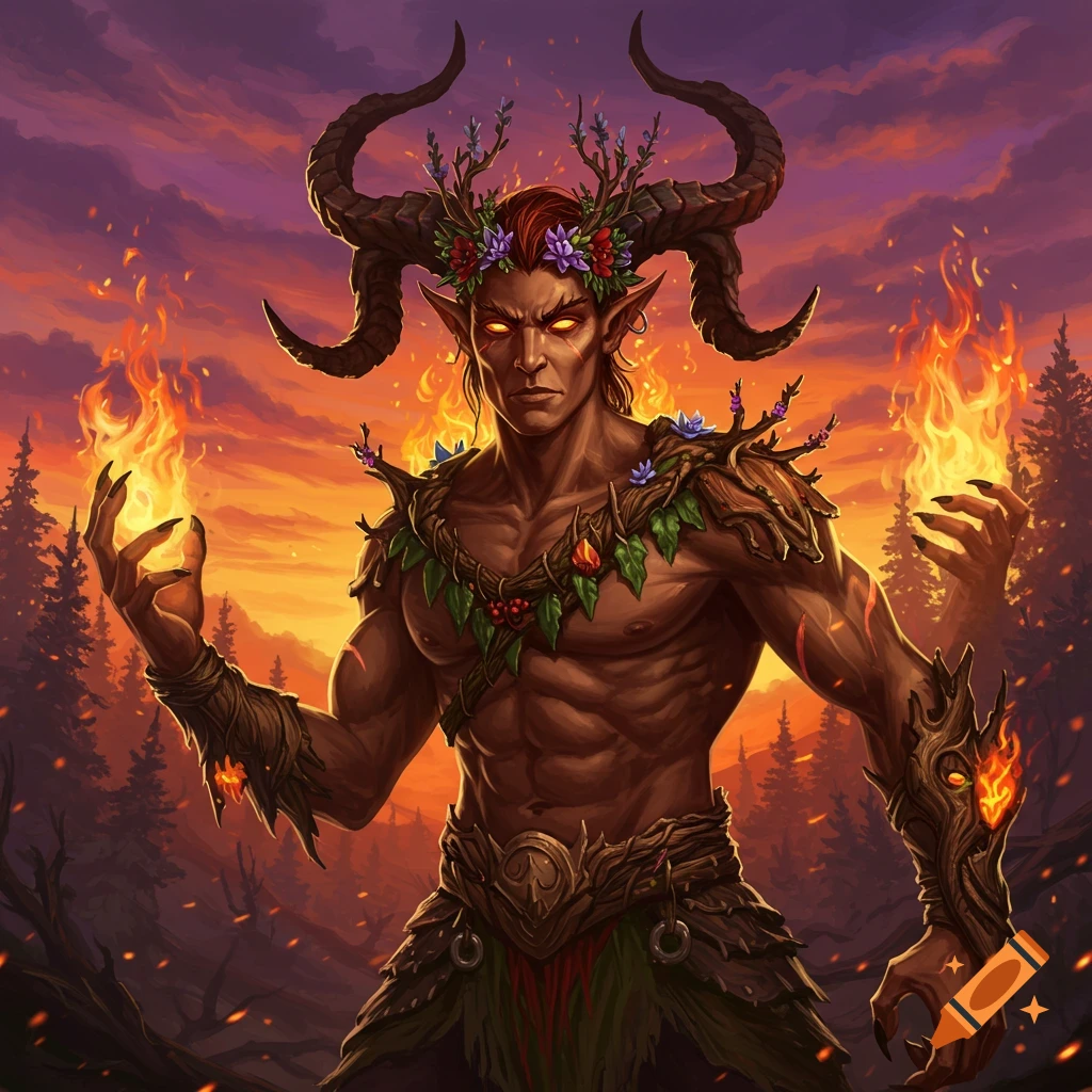 A male satyr druid with horns and leafy armor stands in a burning ...