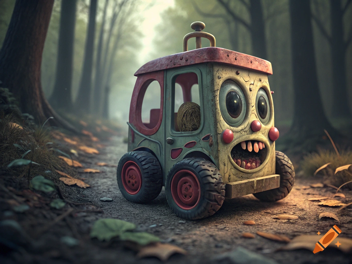A creepy, creature-like toy car sits on a path in a dark, foggy forest ...