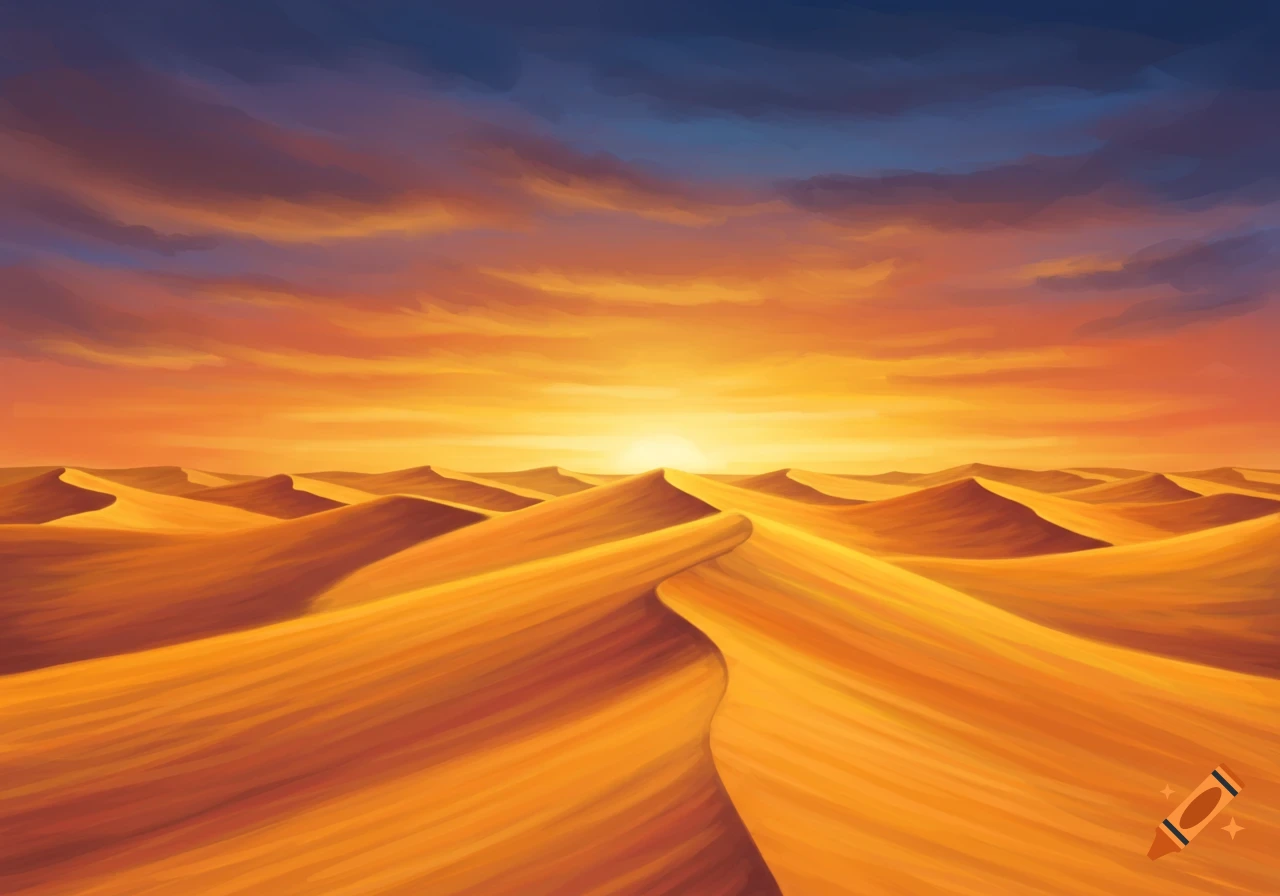 Illustration of a desert landscape with sand dunes under a colorful ...
